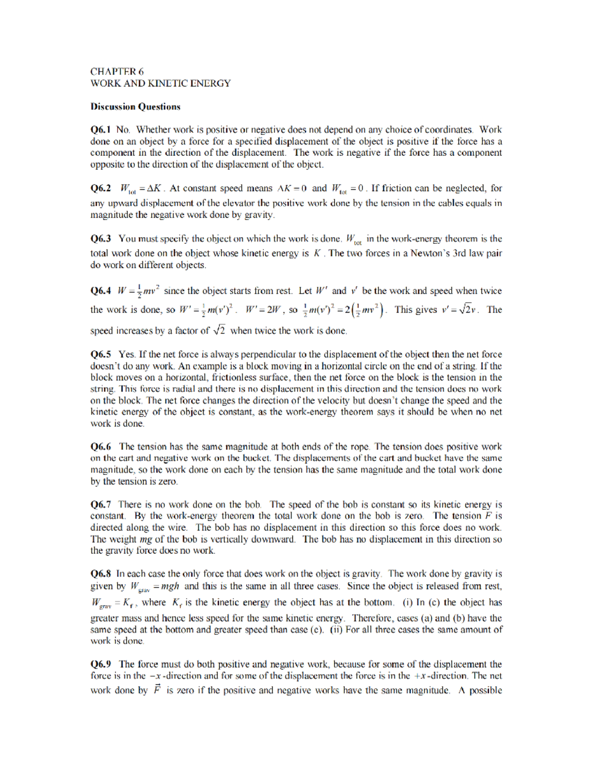 CHAPTER 6 WORK AND KINETIC ENERGY Discussion Questions (University ...
