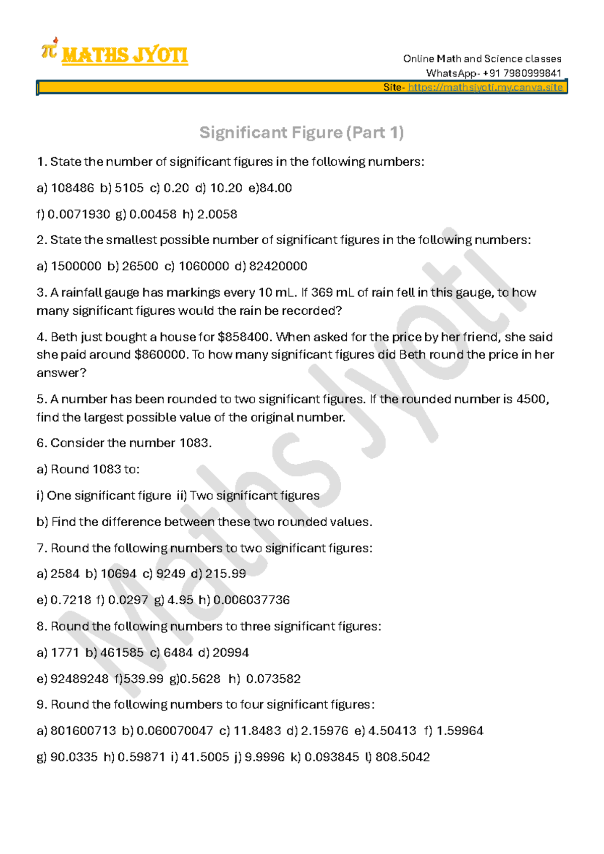 Maths Jyoti 03-09-2025 HW: Significant Figures Practice (Part 1) - Studocu