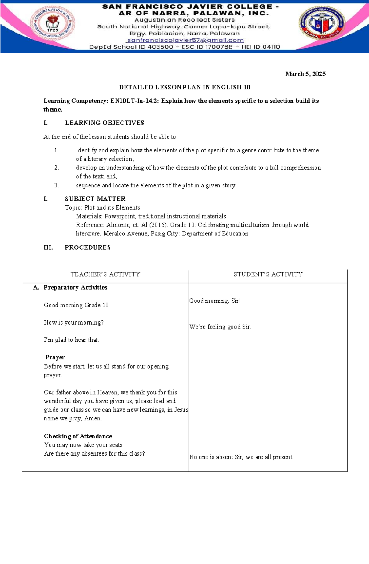 DETAILED LESSON PLAN IN ENGLISH 10: Exploring Plot Elements - Studocu