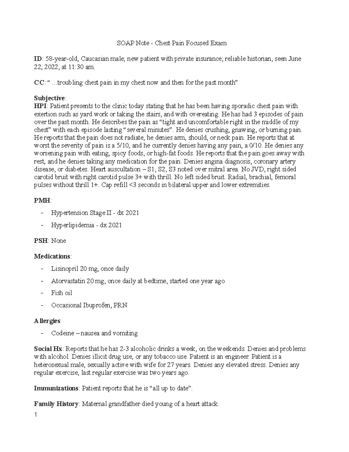 SOAP Note - Focused Chest Pain Evaluation (Patient ID: 58) - Studocu