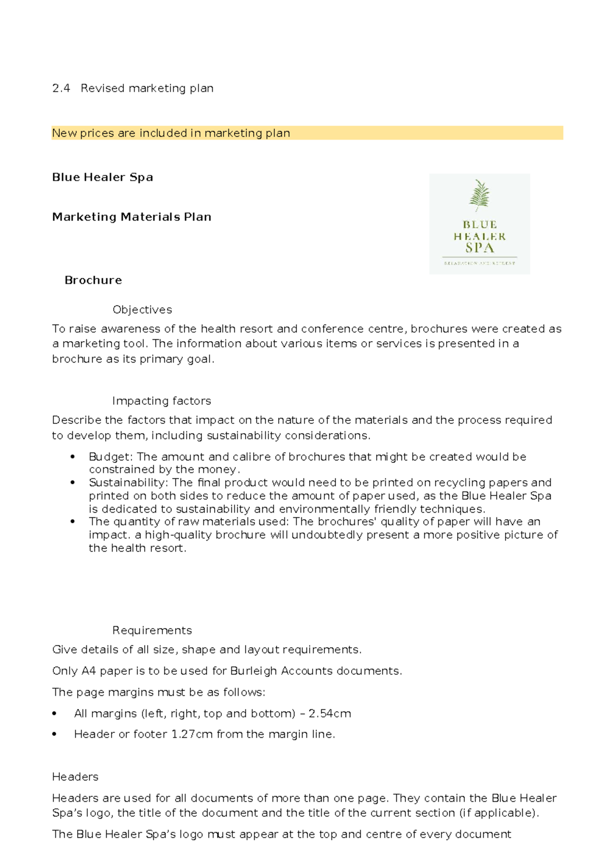 2.4 Revised Marketing Plan for Blue Healer Spa: Brochure & Online Ads ...