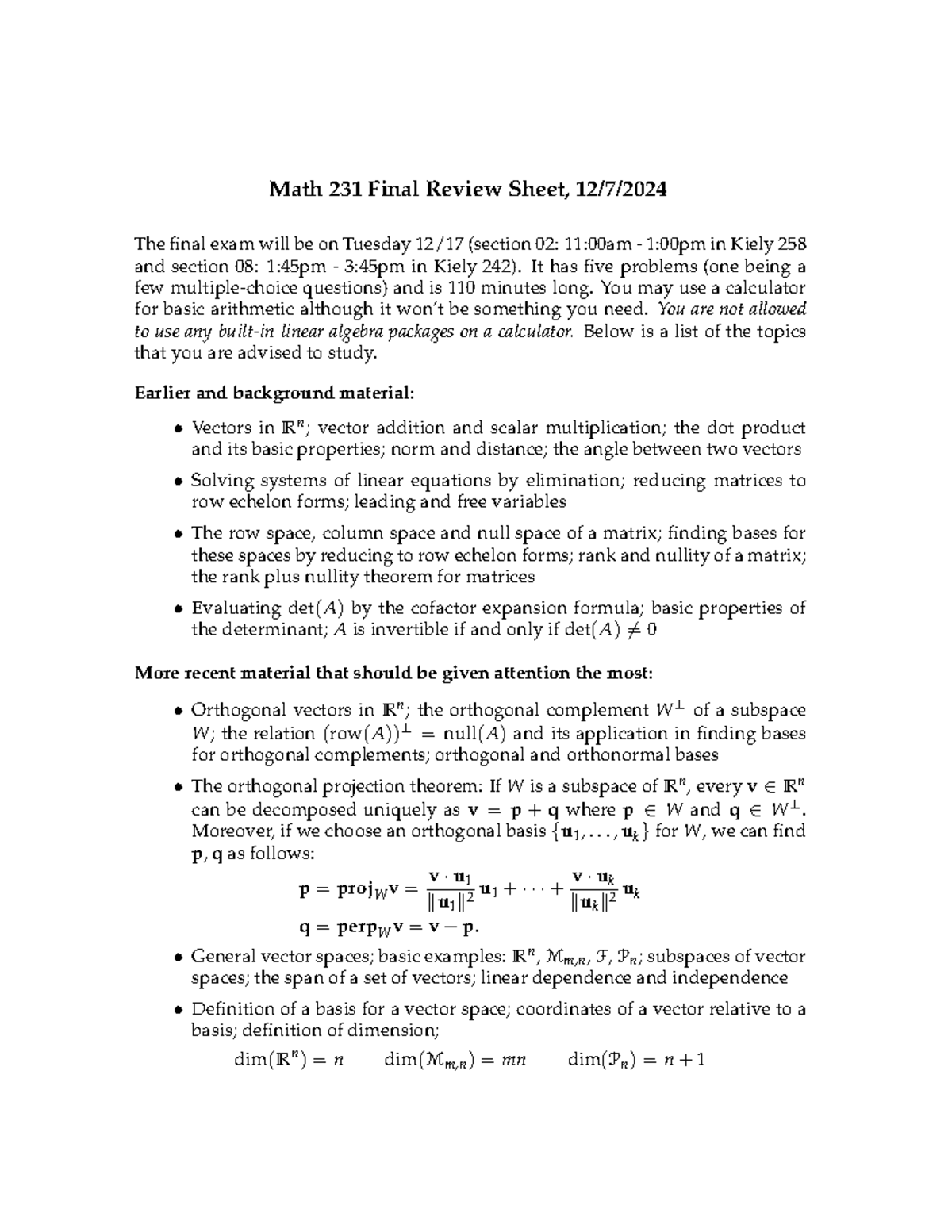 Math 231 Final Exam Review Sheet: Key Topics & Practice Problems - Studocu