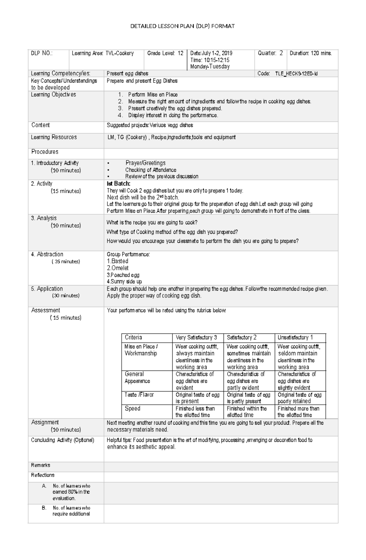 **Detailed Lesson Plan (DLP) - TVL-Cookery Grade 12: Egg and Soup ...