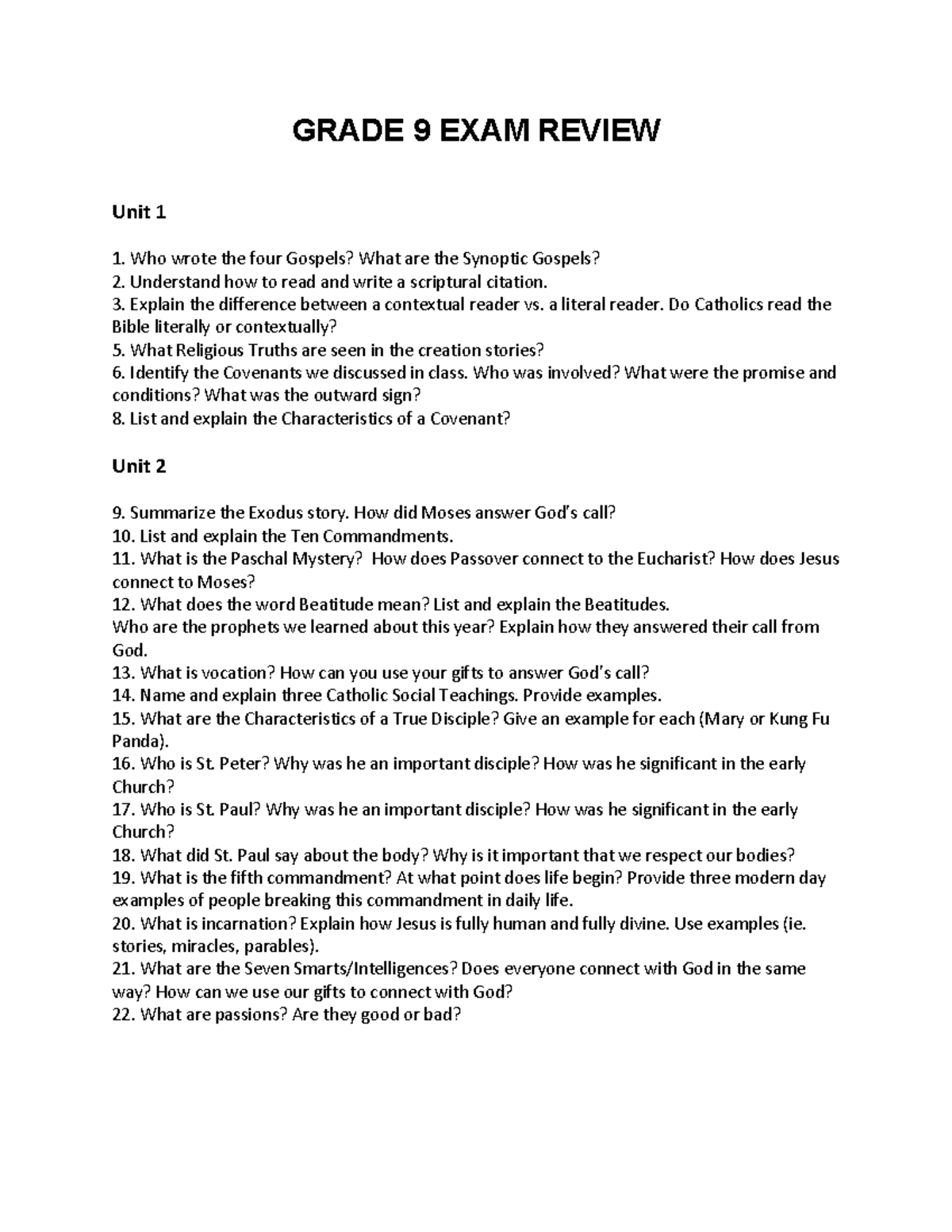 06 HRE 1O1 - Grade 9 Exam Review: Key Concepts & Questions - Studocu