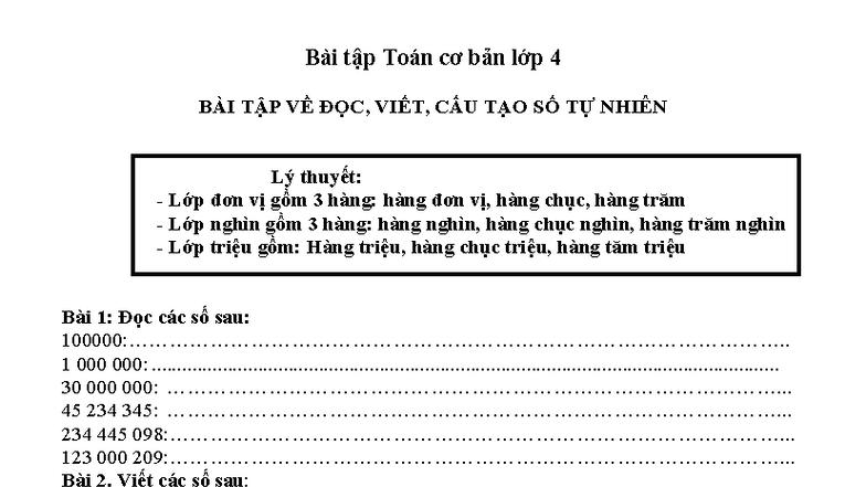 Đề ôn tập Toán 4 - Bài tập về số tự nhiên và phép tính - Studocu