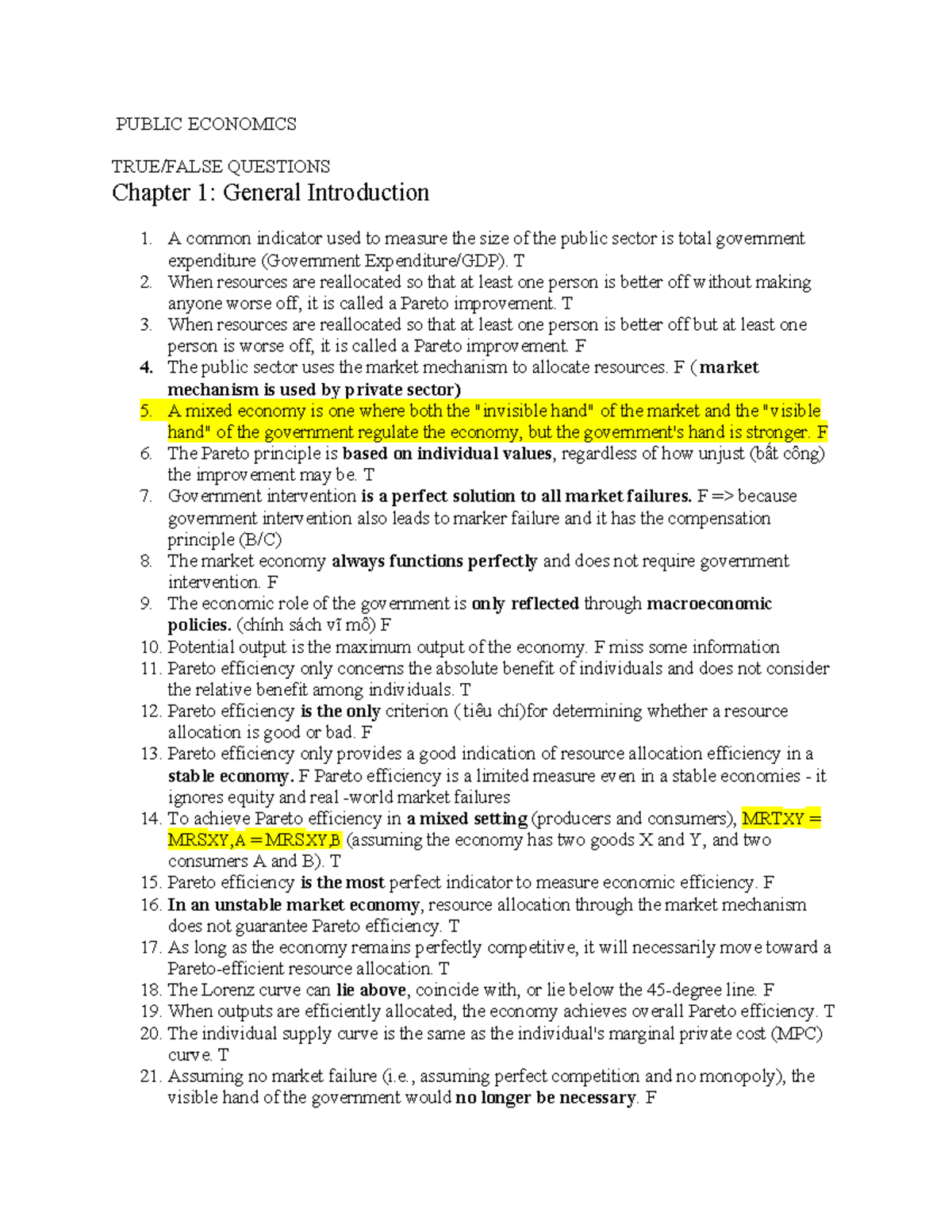 PUBLIC ECONOMICS REVIEW Chapter 1: General Introduction and Market ...