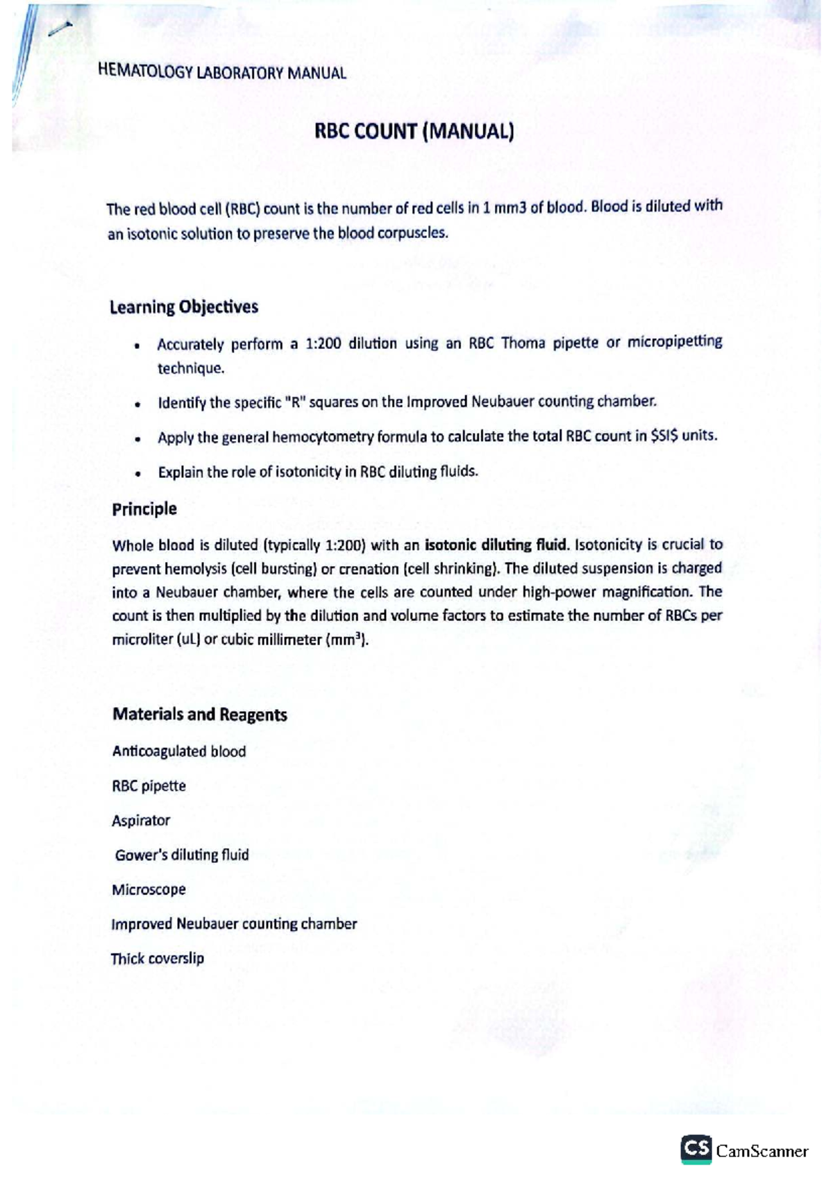 Hema 2 Lab Sheet: Manual RBC Count Procedure and Guidelines - Studocu
