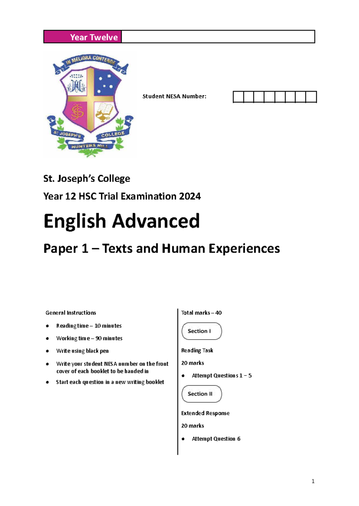 Joeys Year 12 HSC Trial Exam 2024: English Advanced Paper 1 - Studocu