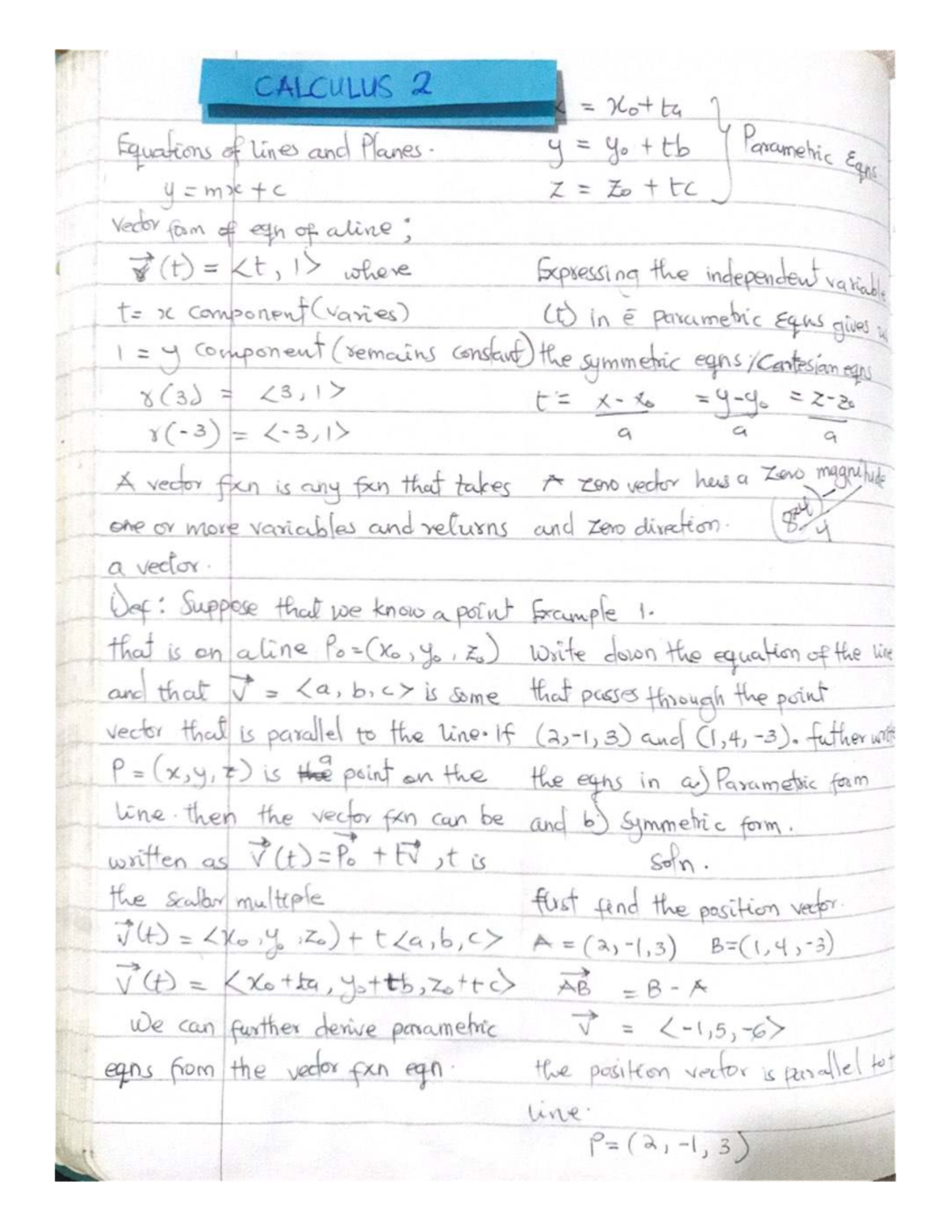 CALCULUS 2 Final Exam Notes: Lines, Planes, and Vectors - Studocu