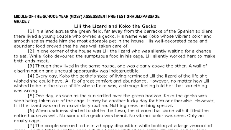 (MOSY) ASSESSMENT GRADED PASSAGE GRADE 7: Lili the Lizard & Koko the ...