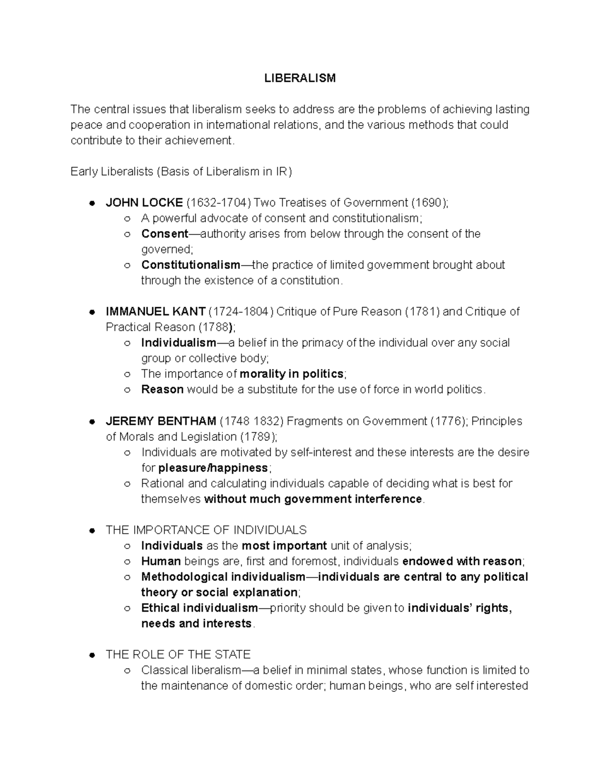 Liberalism in International Relations: Key Theories and Thinkers - Studocu