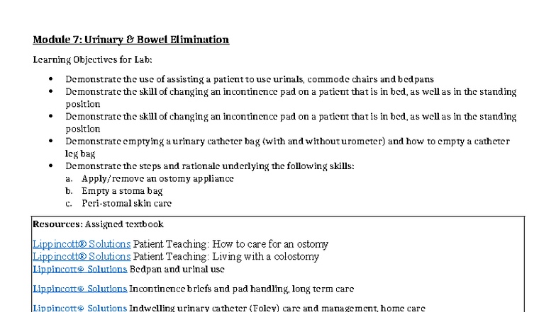 Module 7 Lab Prep: Skills for Urinary & Bowel Elimination - Studocu
