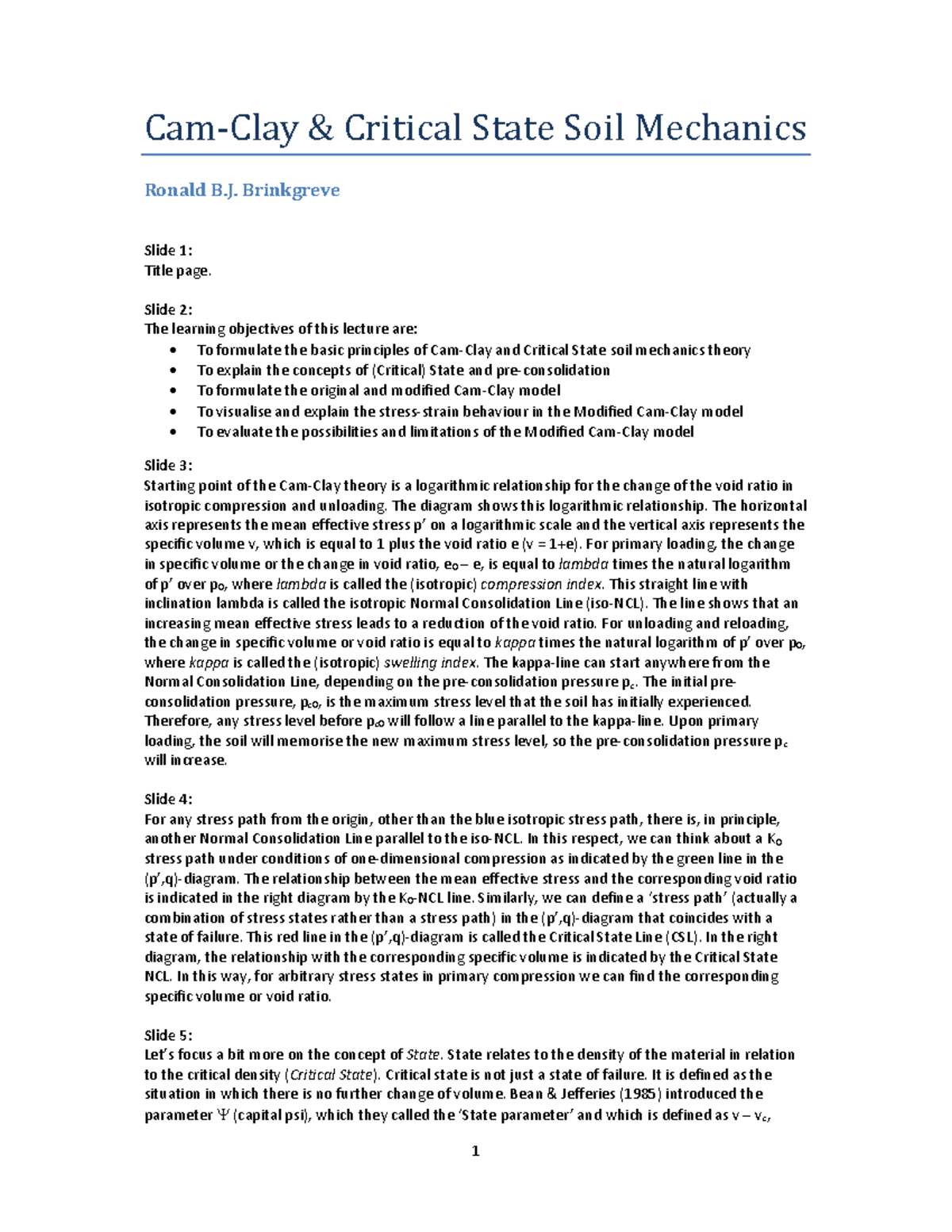 Lecture Notes on Cam-Clay & Critical State Theory (CIV 313) - Studeersnel