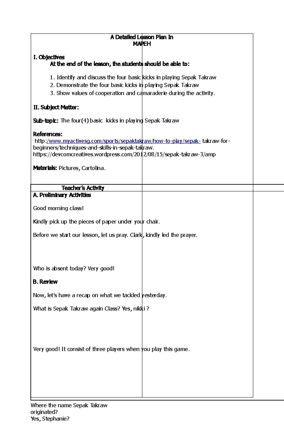 Detailed Lesson Plan: Sepak Takraw Basics in MAPEH 1 - Studocu