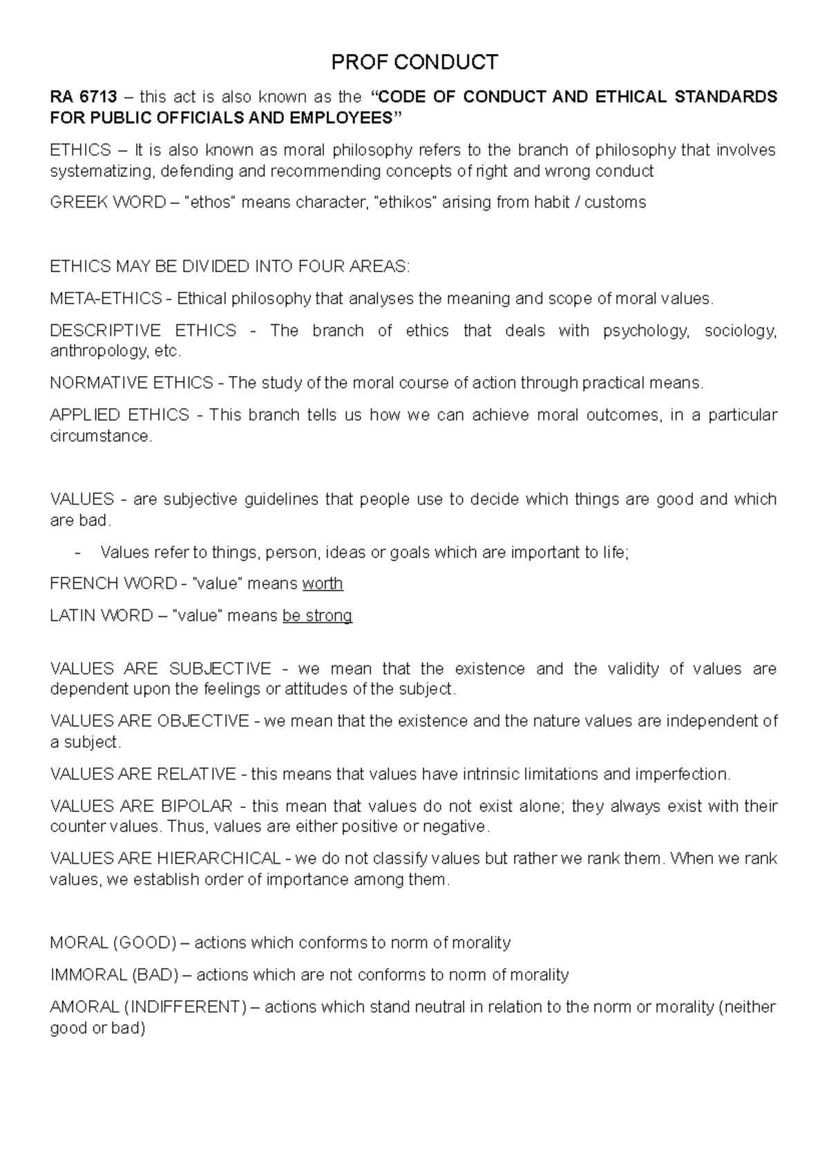 PROF Conduct RA 6713: Ethics and Standards Lecture Notes - Studocu