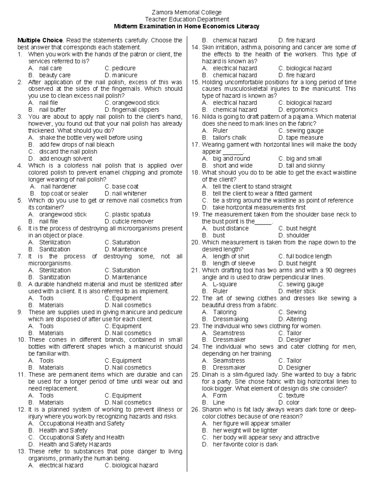 Midterm Exam Review in Home Economics Literacy (HEL) - Studocu