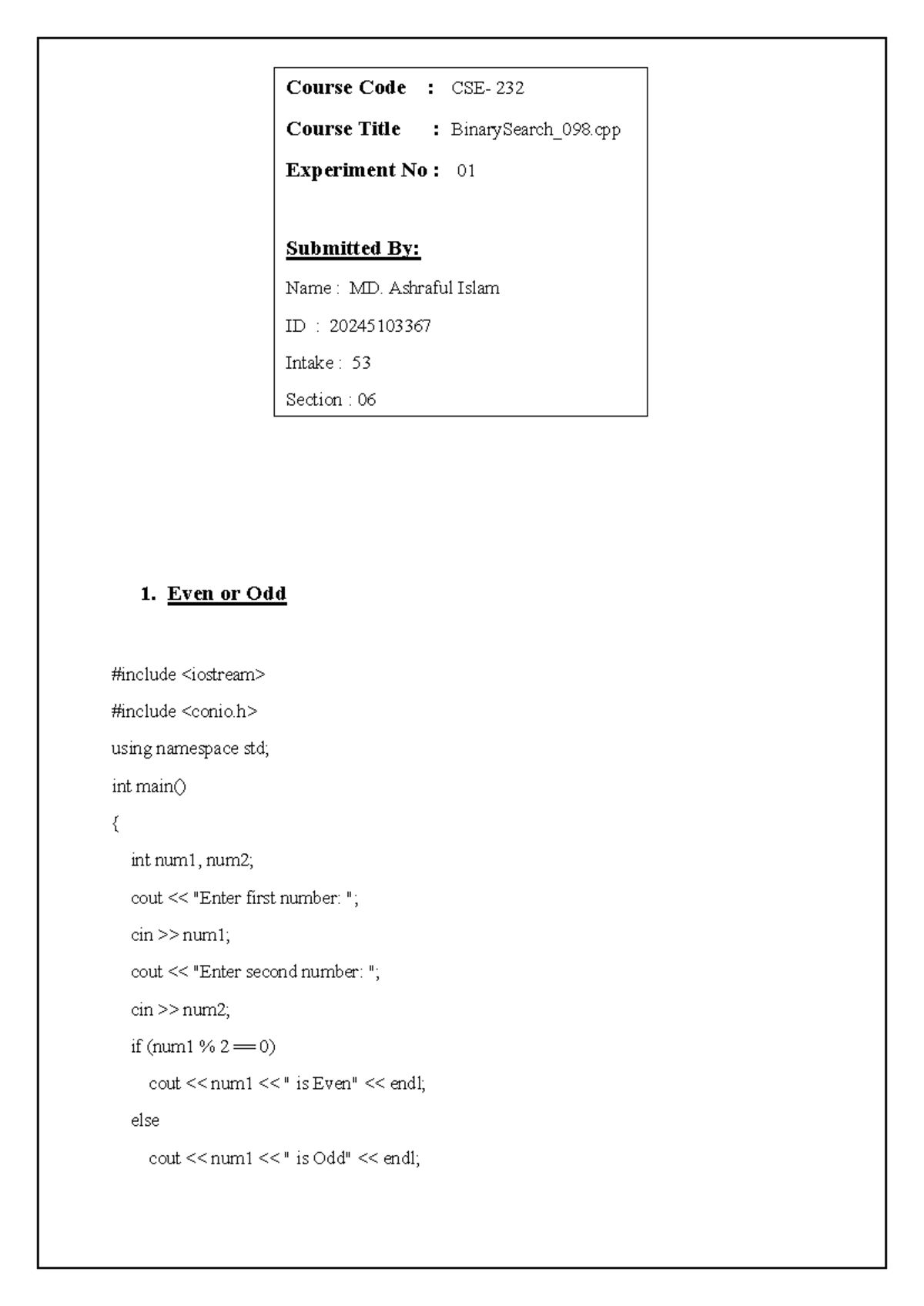Lab01 Tasks 232 - Binary Search and Basic Algorithms - Studocu