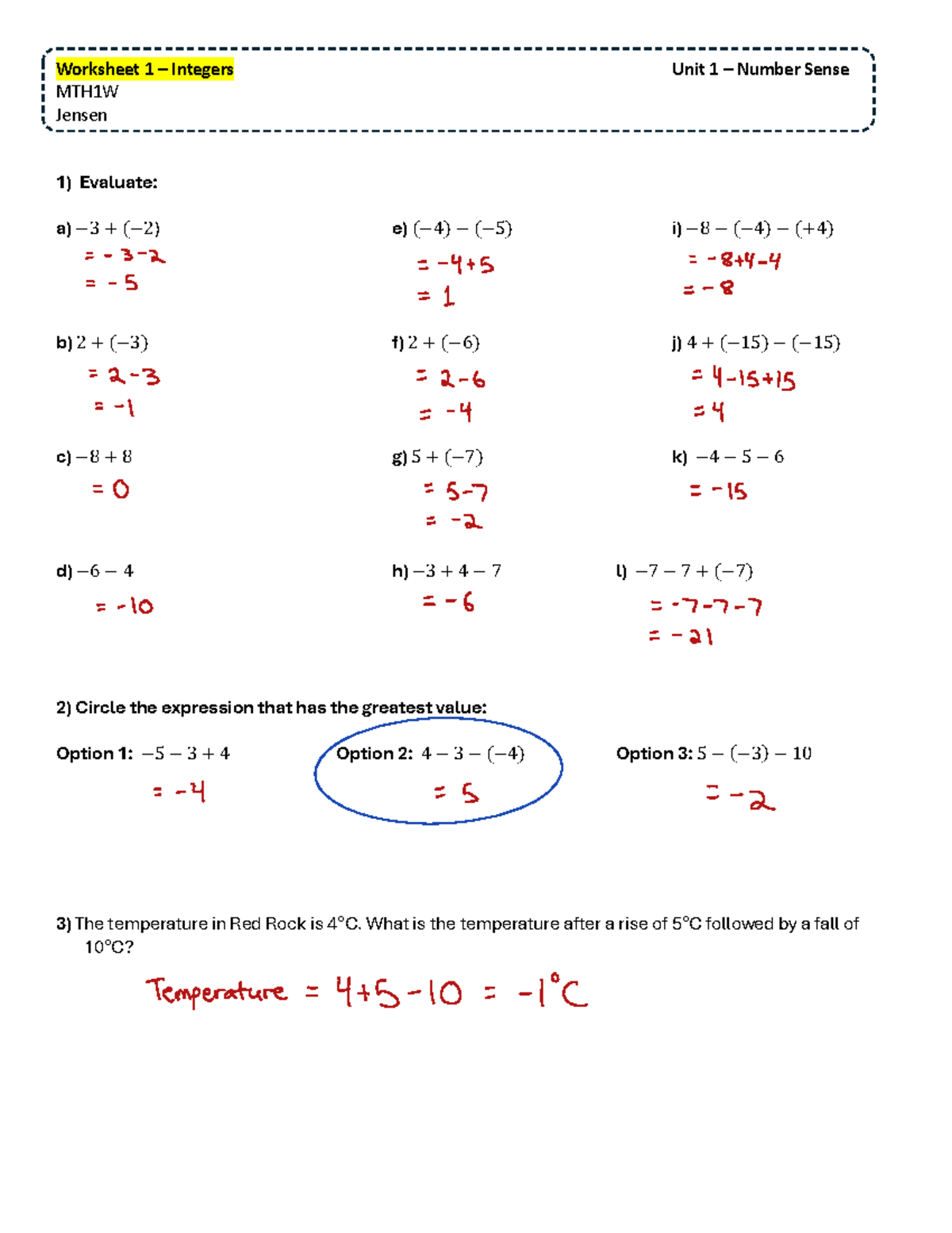 MTH1W Worksheet 1: Integers & Number Sense Evaluation - Studocu