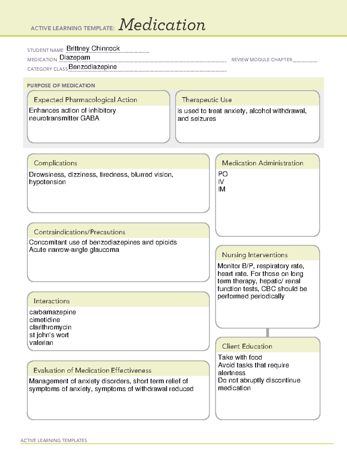 Diazepam - ACTIVE LEARNING TEMPLATES Medication STUDENT NAME