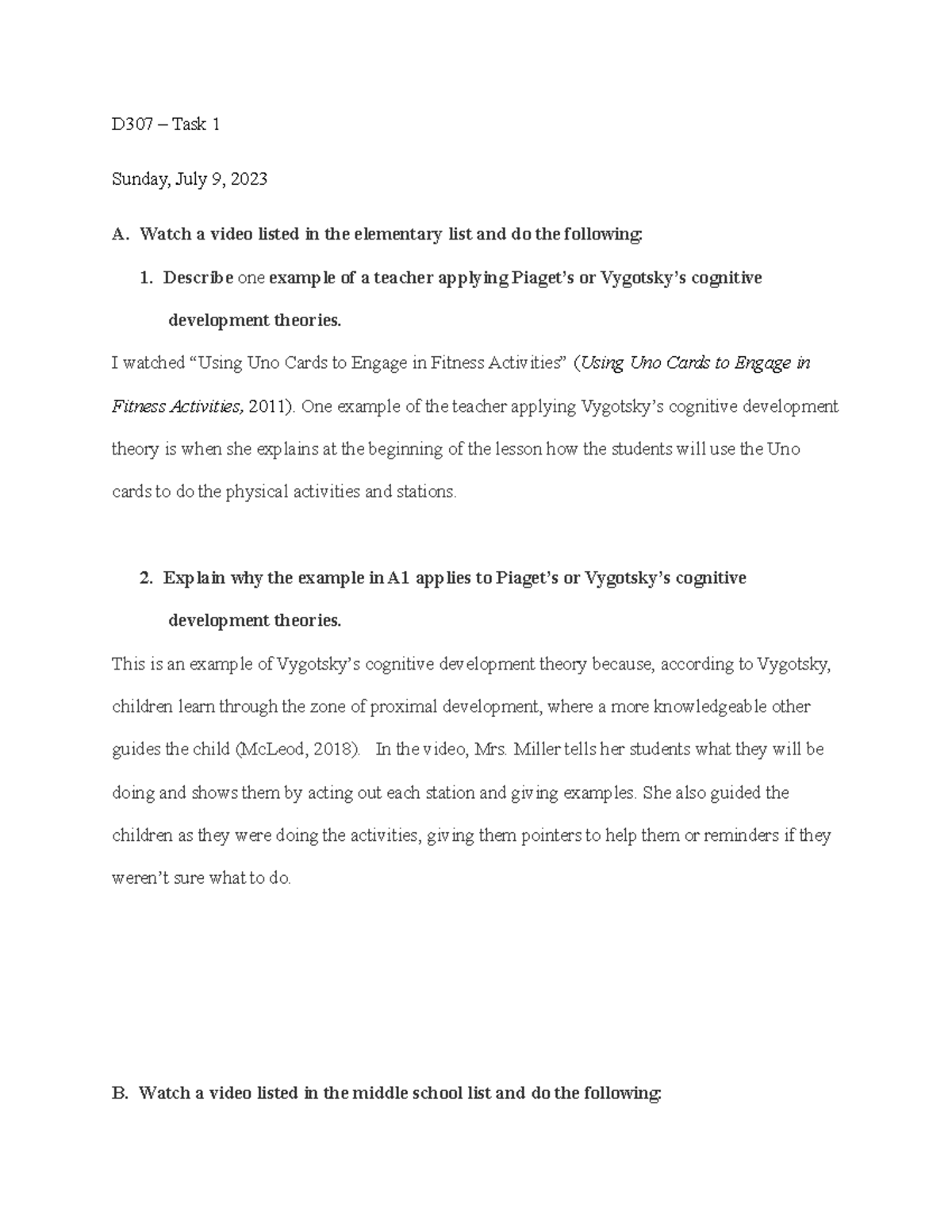 D307 Task 1 - passed - D307 – Task 1 Sunday, July 9, 2023 A. Watch a ...