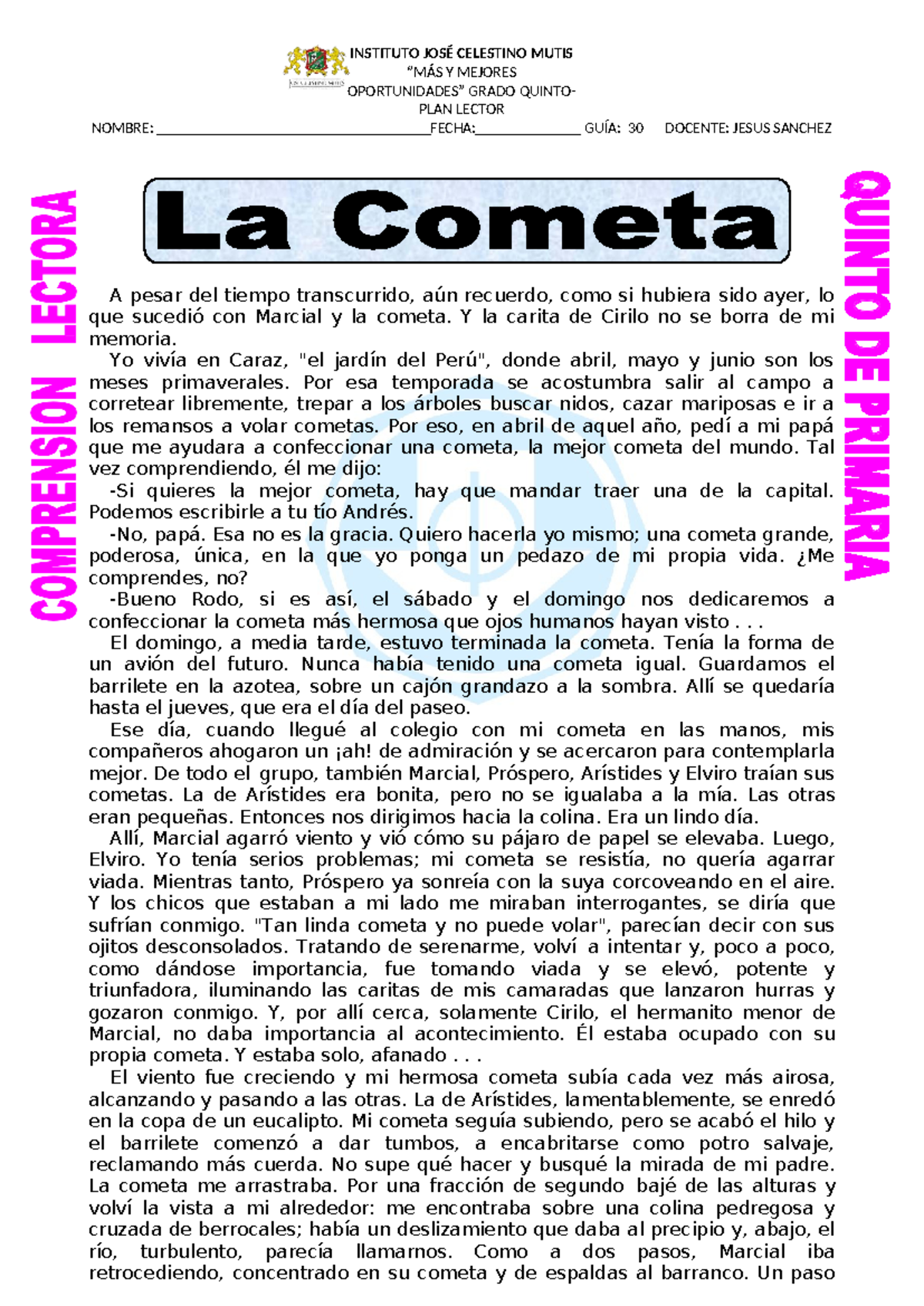 Guía de Comprensión Lectora - Quinto Grado - Actividades de Práctica ...