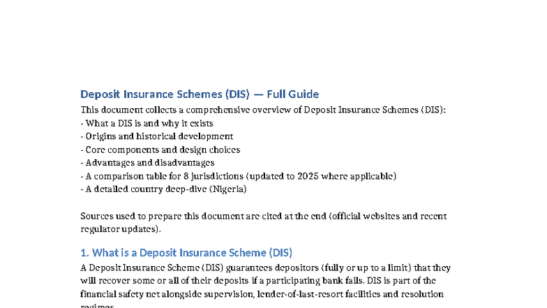 Deposit Insurance Schemes (DIS) Full Guide: Nigeria Deep Dive - Studocu