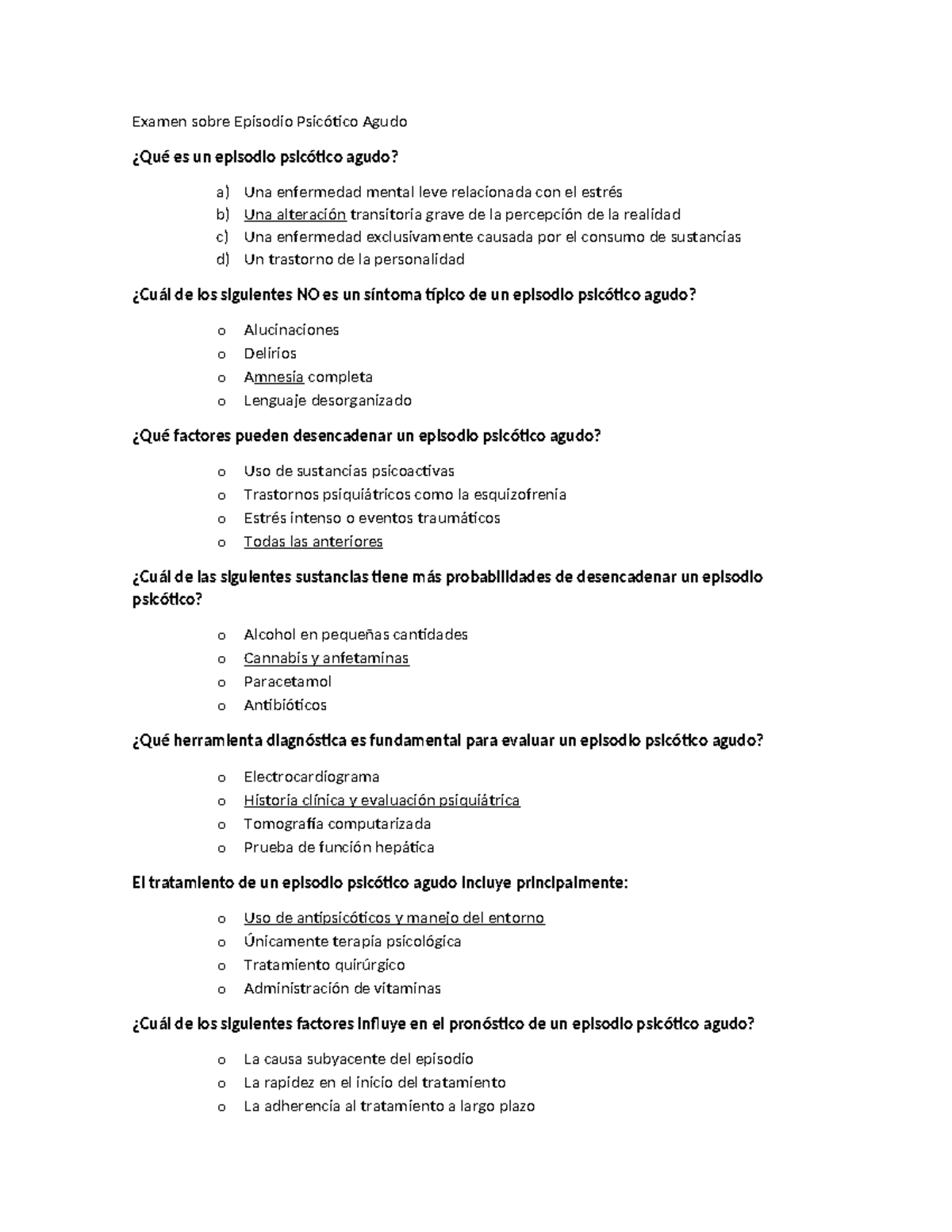 Examen sobre Episodio Psicótico Agudo y Trauma Severos - Studocu