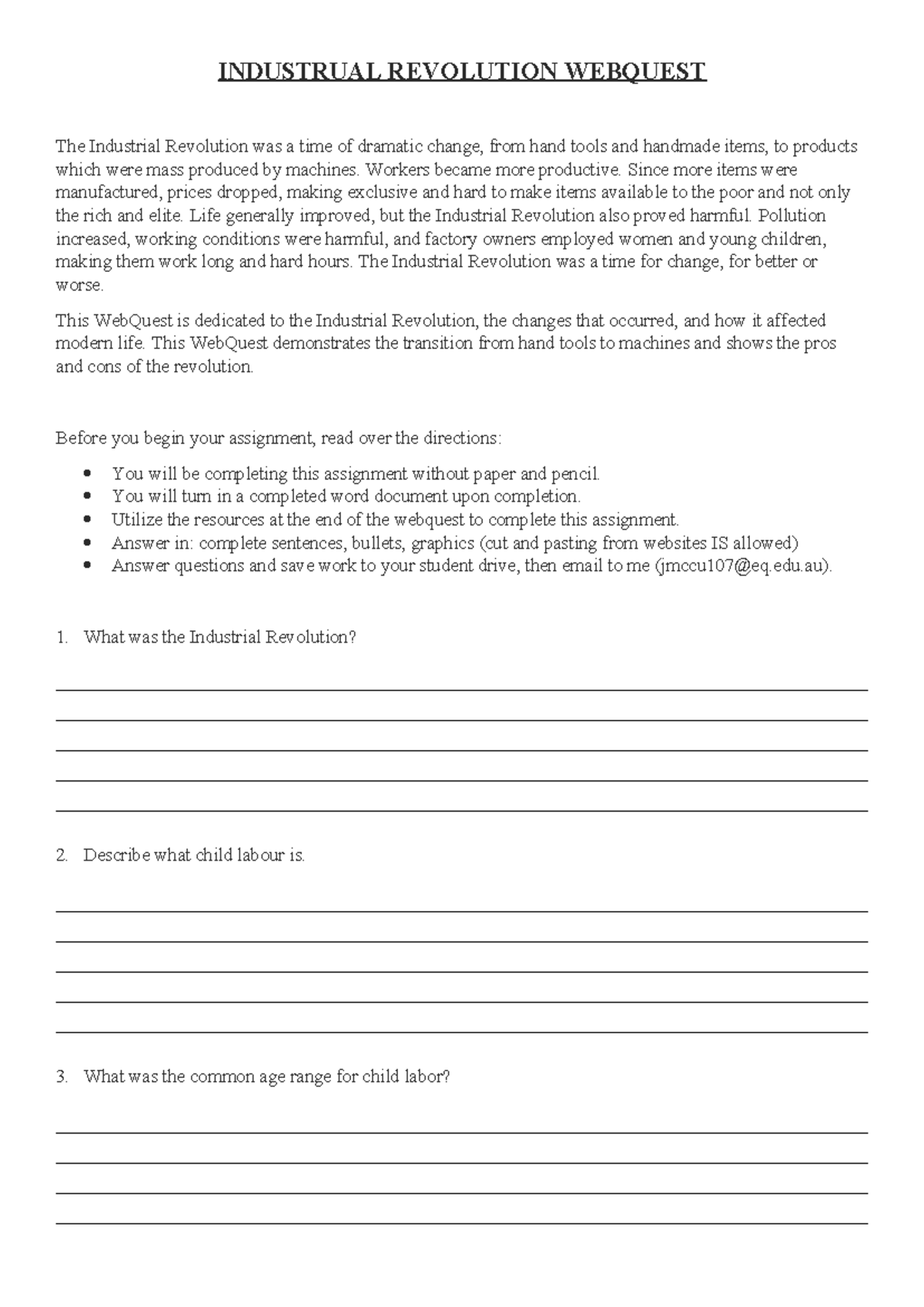 Industrual Revolution Webquest - INDUSTRUAL REVOLUTION WEBQUEST The ...