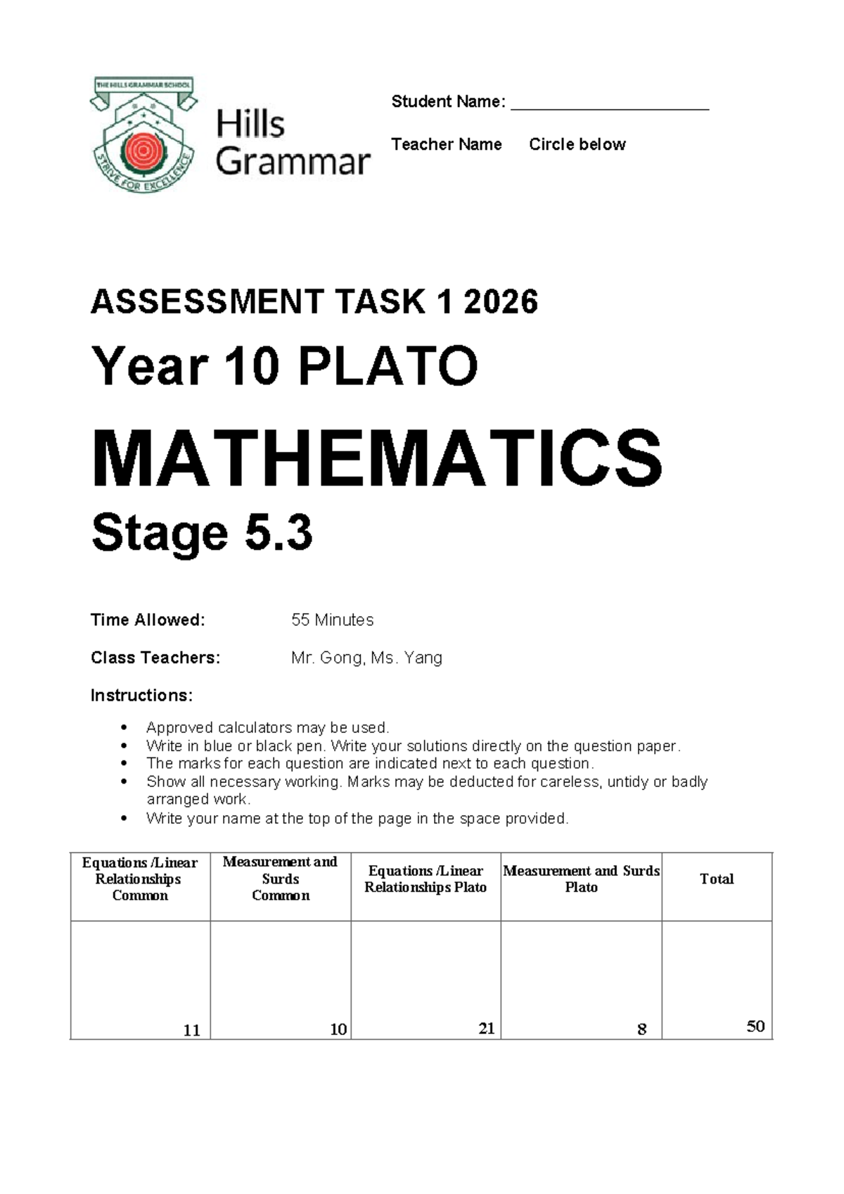 2026 Y10 PL Assessment Task 1 - Practice Math Test - Studocu