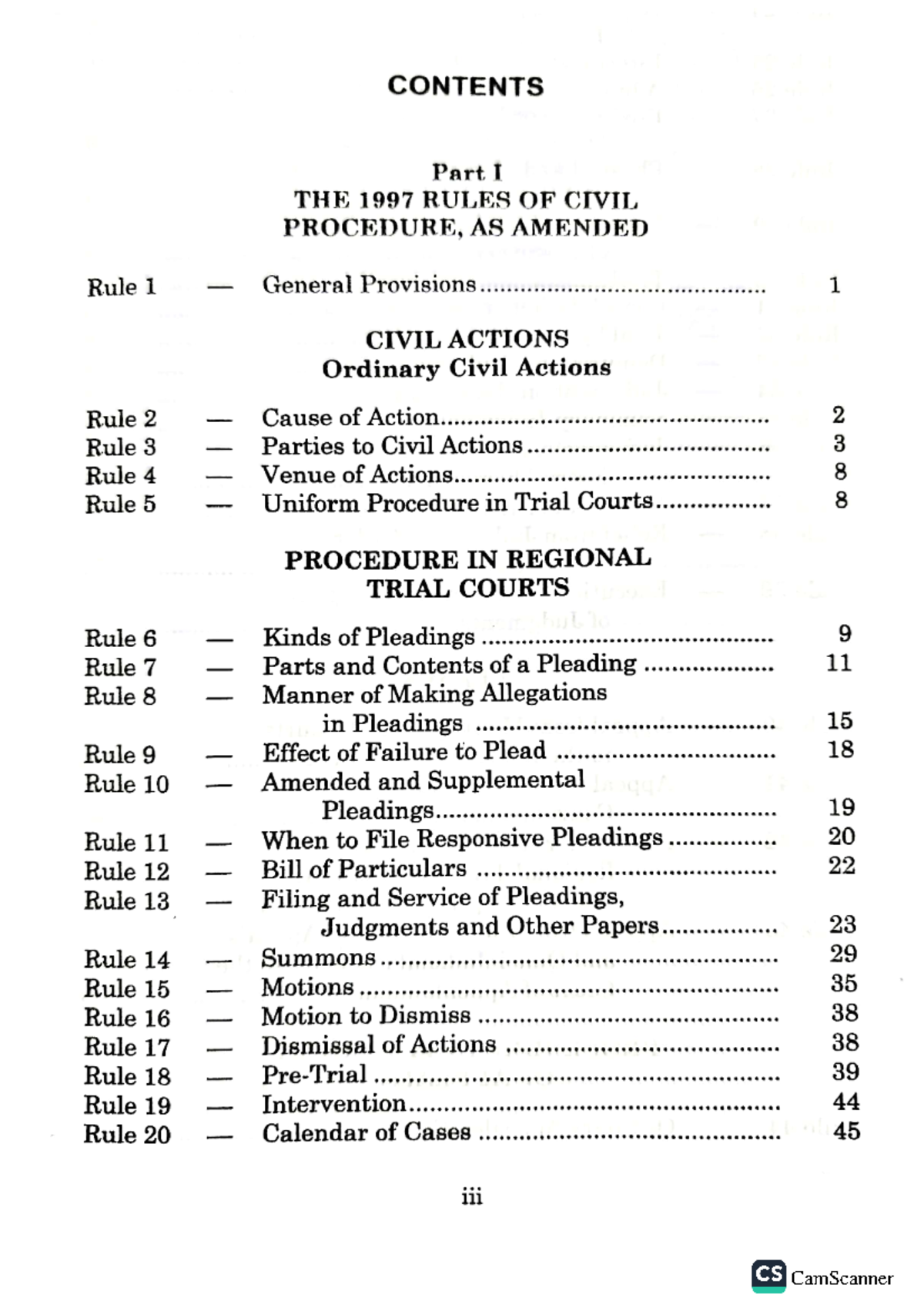 TOC ROC - Lecture - CONTENTS Part I THE 1997 RULES OF CIVIL PROCEDURE ...