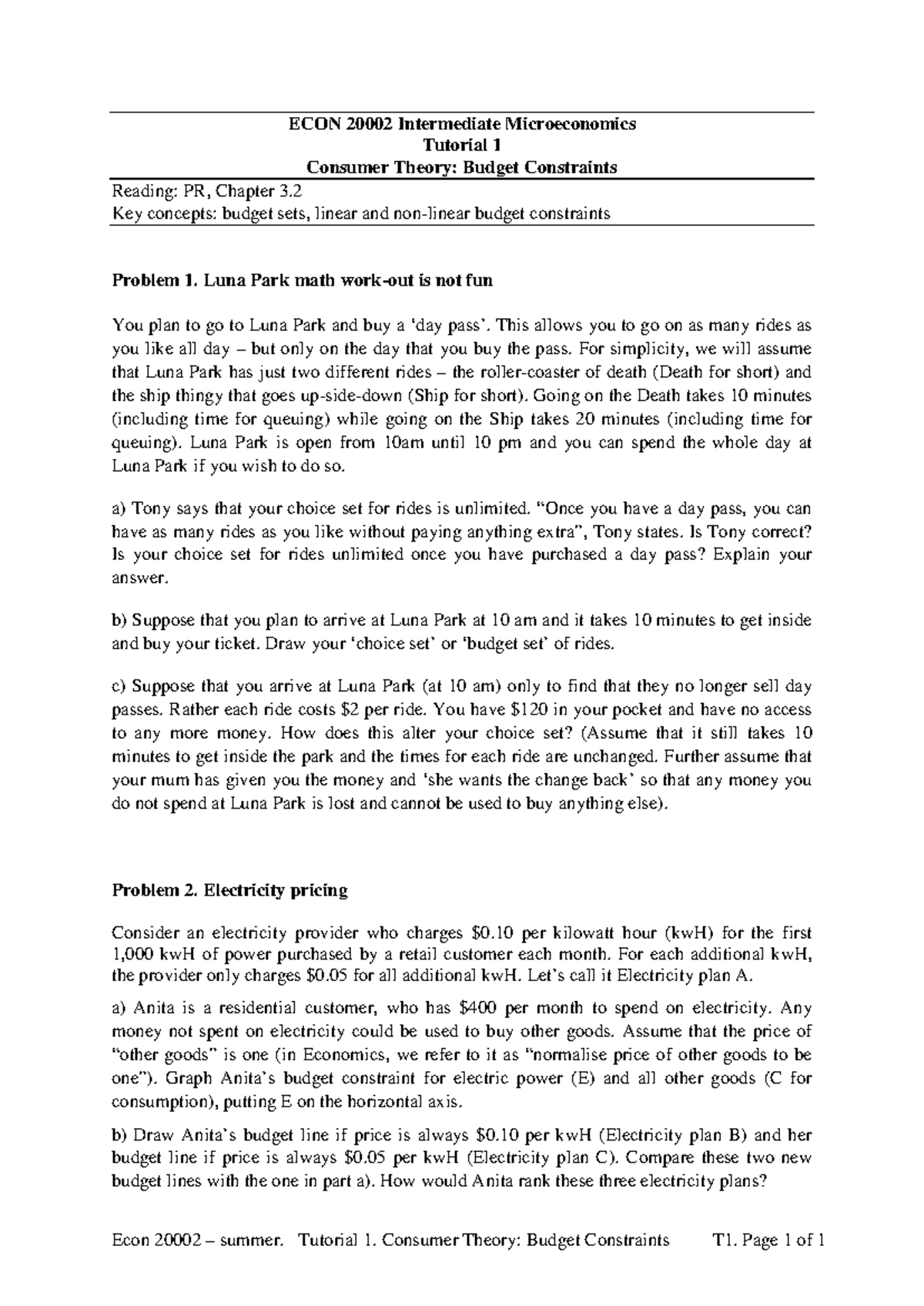 2000 2-T1 - tutorial 1 - Econ 20002 – summer. Tutorial 1. Consumer ...