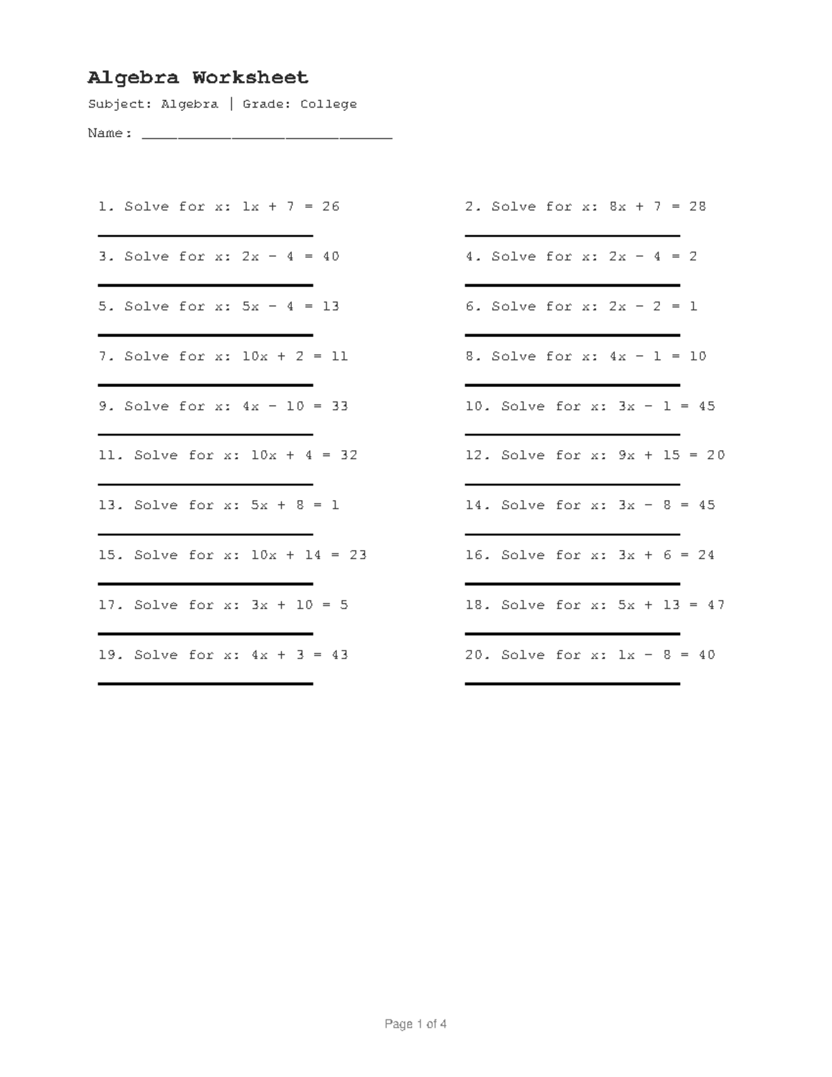 Algebra Worksheet 3: Solving Linear Equations (College) - Studocu