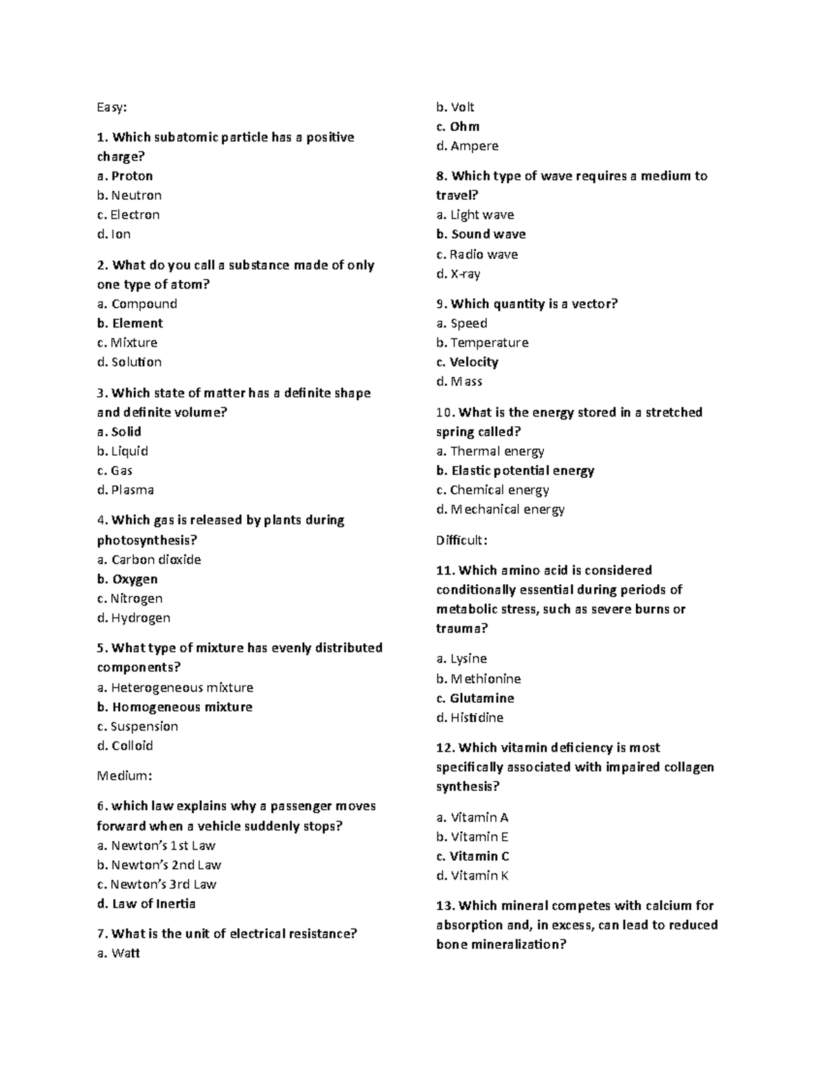 SCI - Science Quiz: Subatomic Particles, Matter, and Energy Concepts ...
