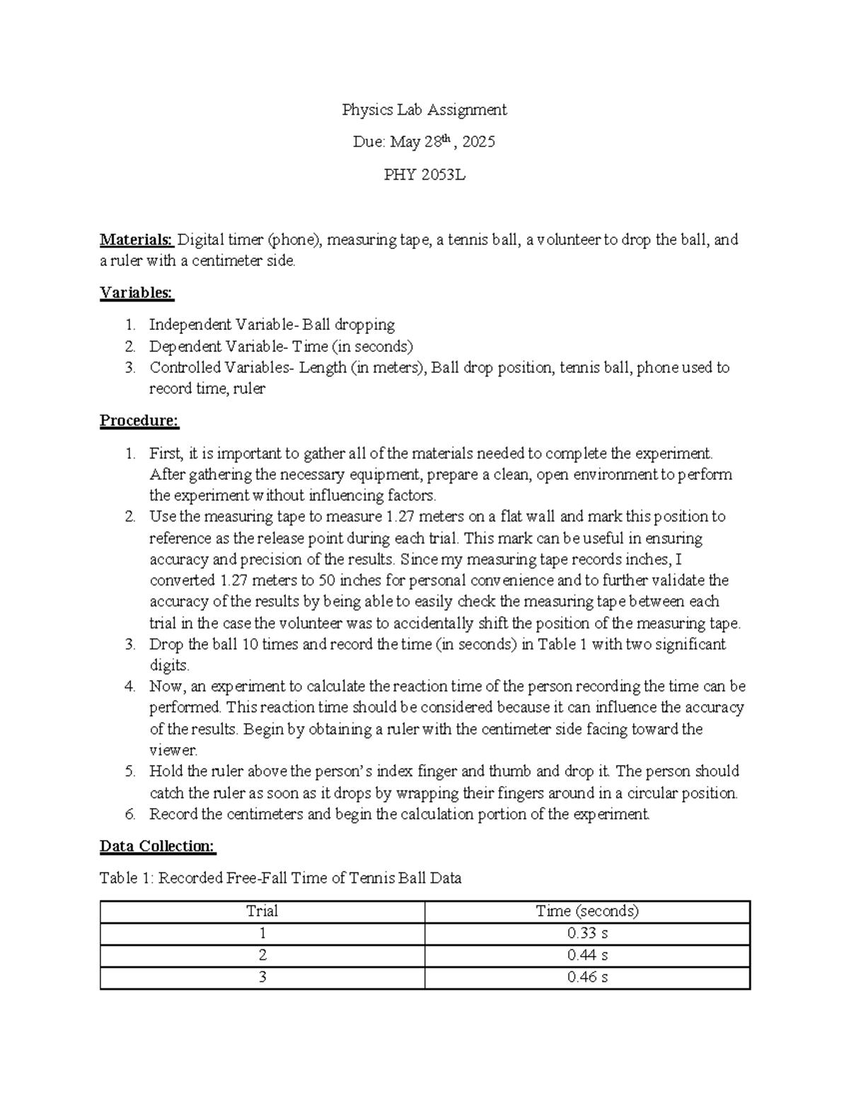 Lab Assignment 1: Physics Experiment on Ball Drop - PHY 2053L - Studocu