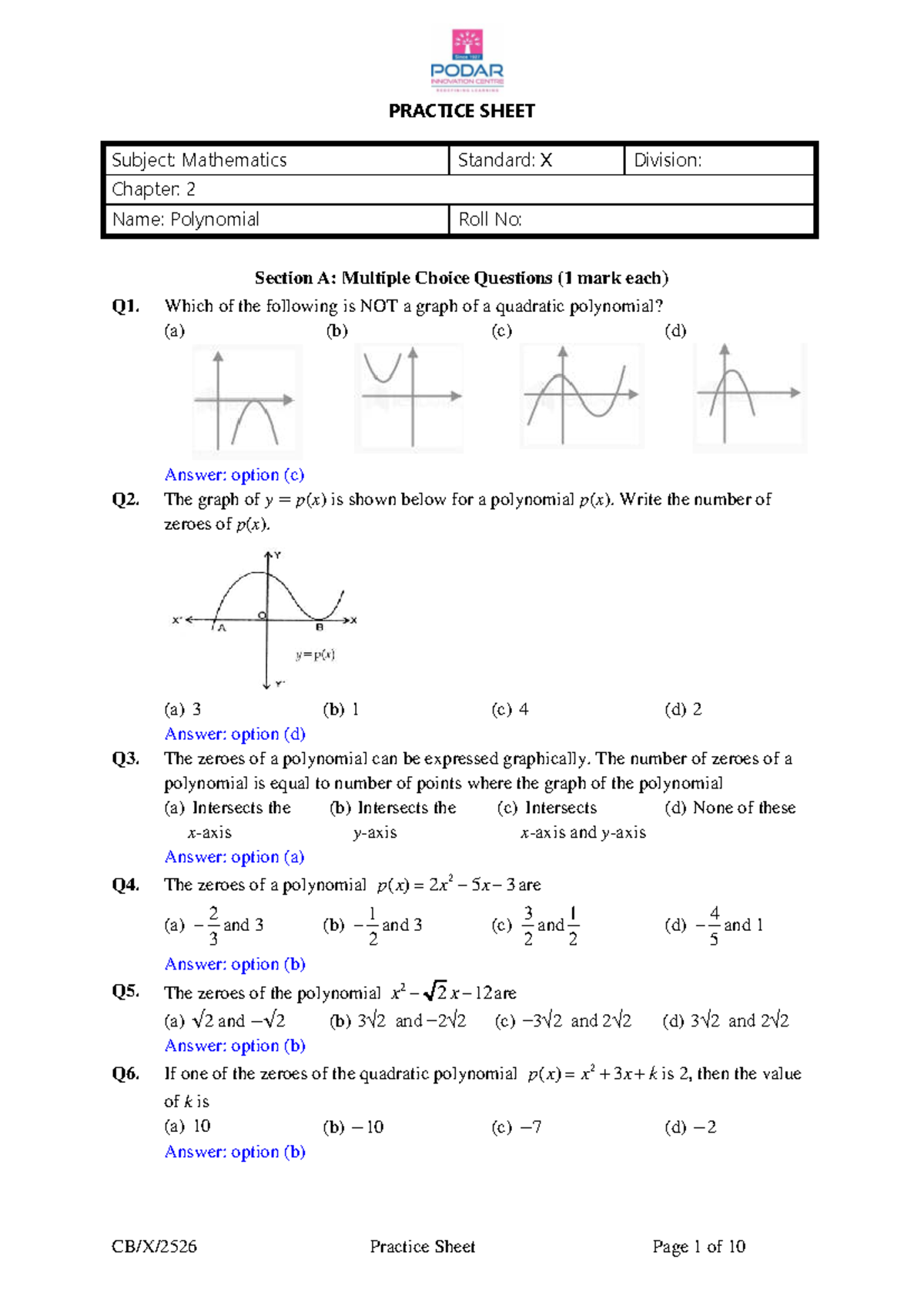AS PS CB X Math Polynomials: Practice Sheet on Quadratic Functions ...