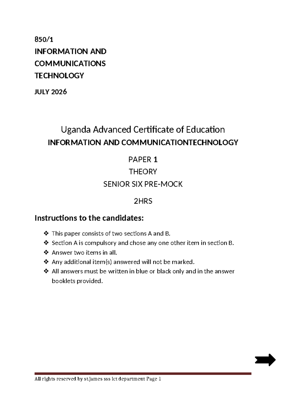 ICT PAPER 1 THEORY PRE MOCK EXAM JULY 2026 - UACE - Studocu