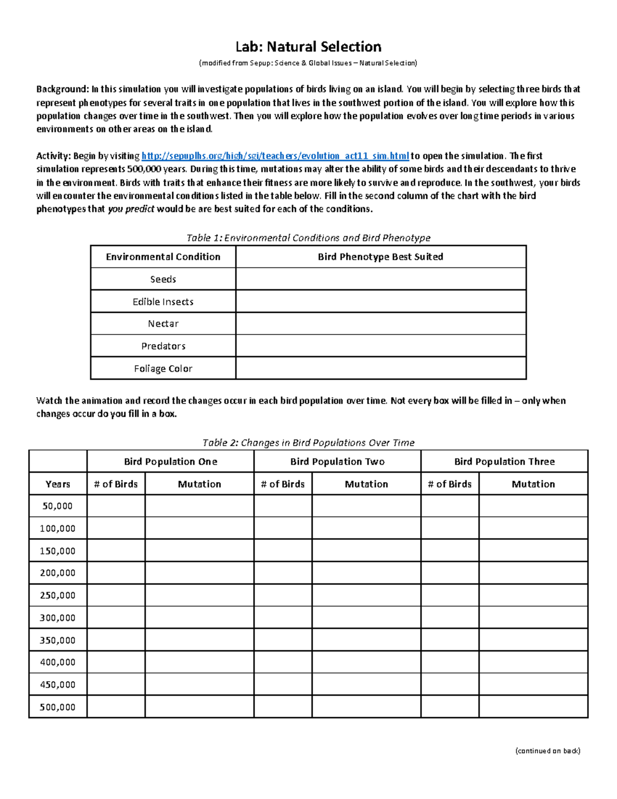 Lab-Natural Selection - Lab: Natural Selection (modified from Sepup ...