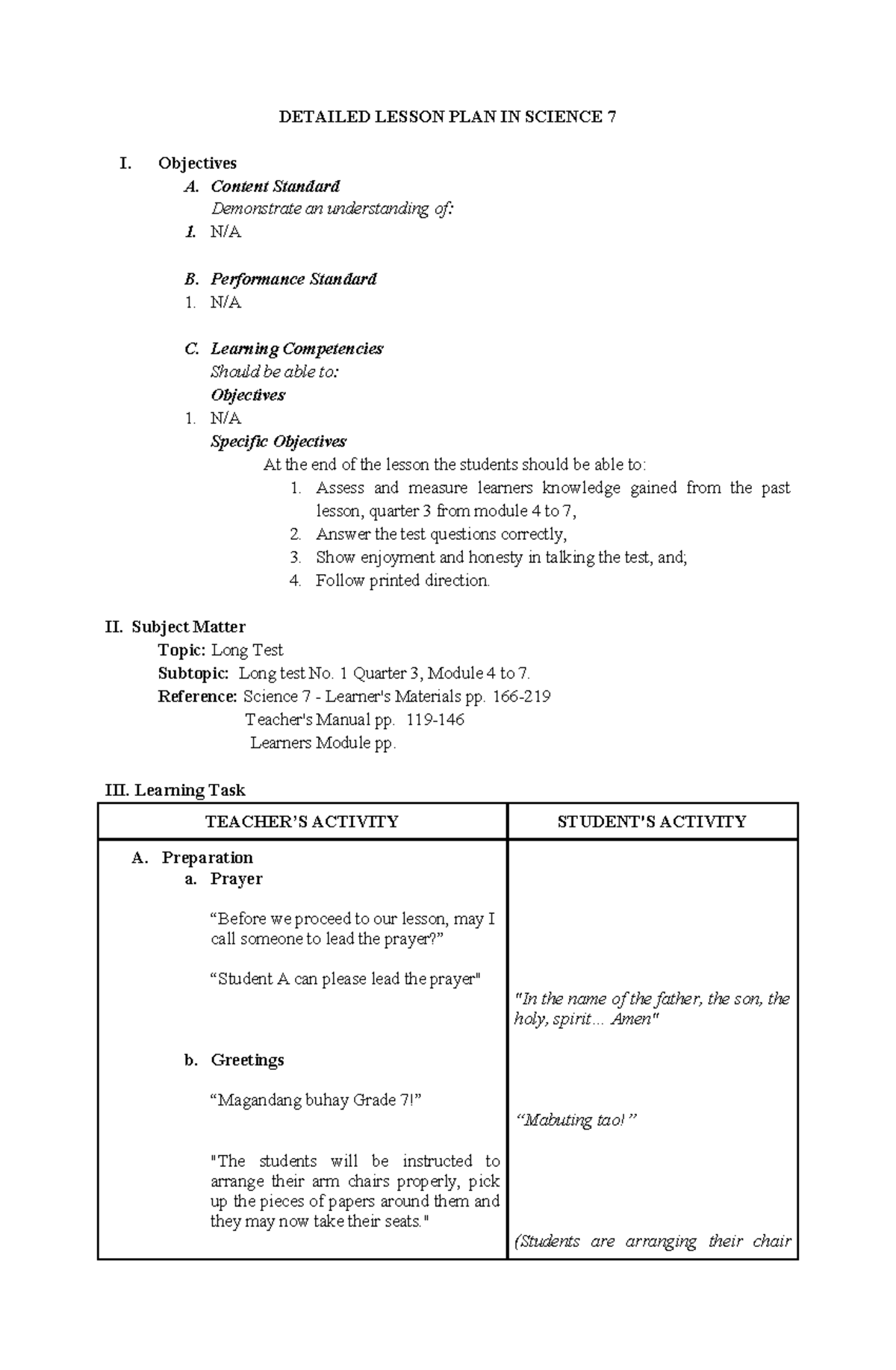 Long-Test-DLP - module - DETAILED LESSON PLAN IN SCIENCE 7 I ...
