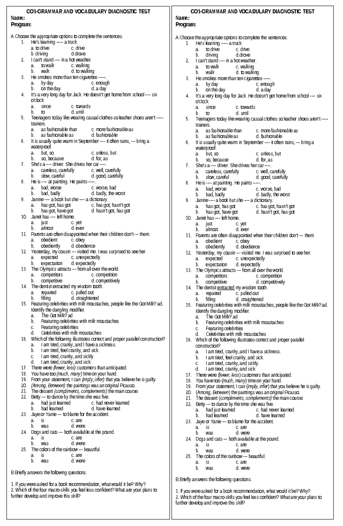 Diagnostic TEST- Grammar - CO1-GRAMMAR AND VOCABULARY DIAGNOSTIC TEST ...