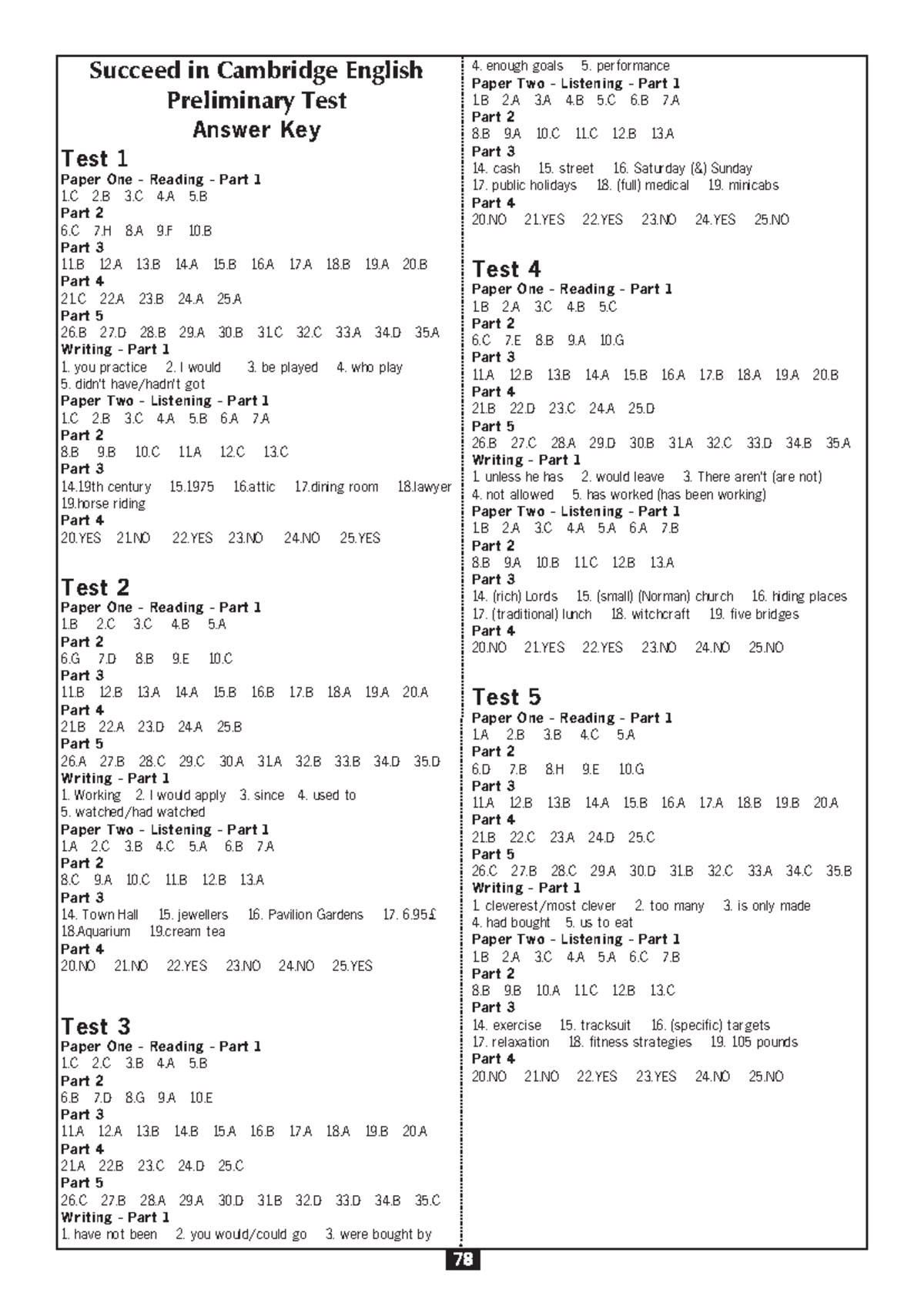Cambridge English (PRELIMINARY) Answer Key for Tests 1-10 - Studocu