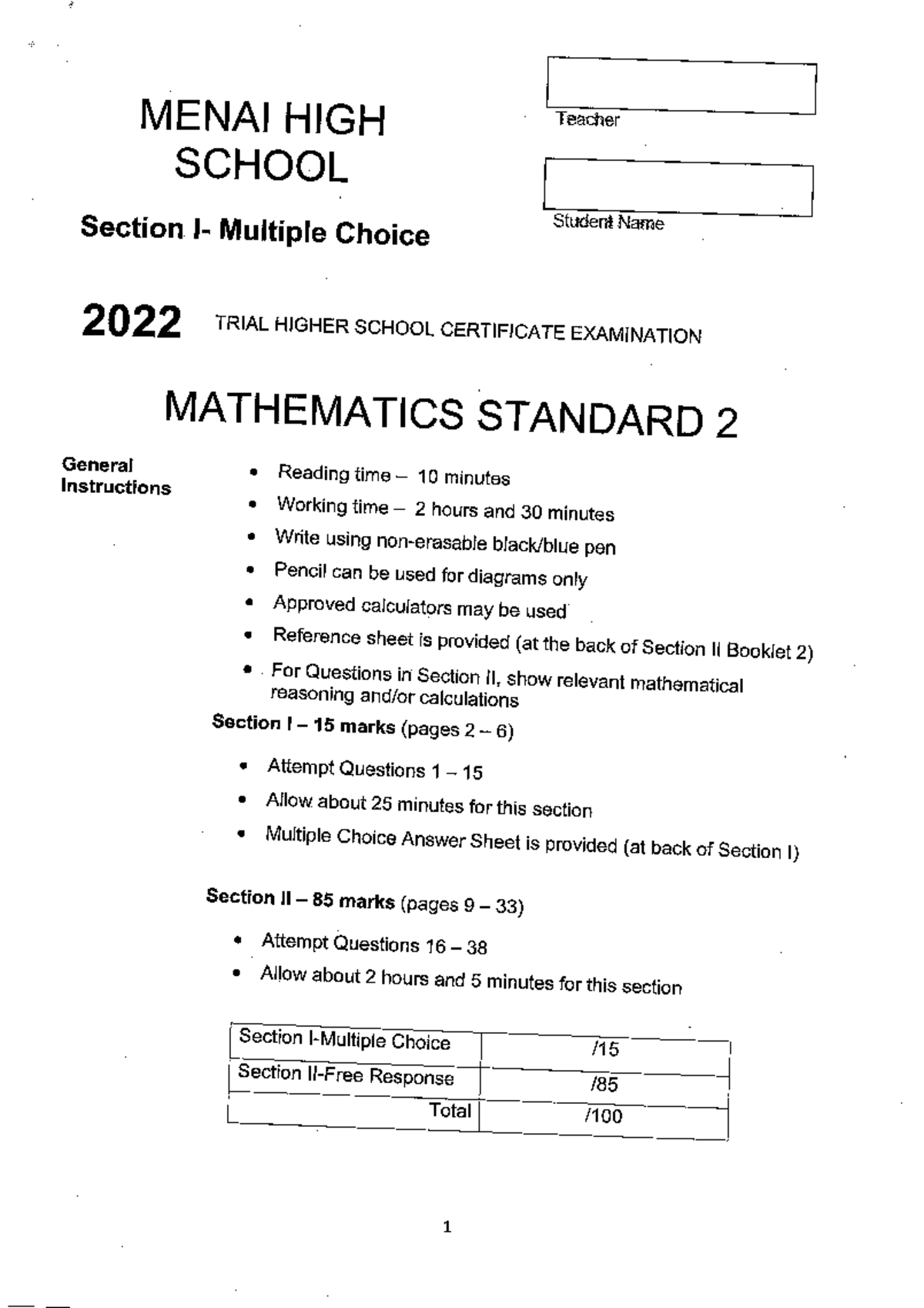 2022 MENAI HS Trial HSC Mathematics Standard Exam Questions - Studocu