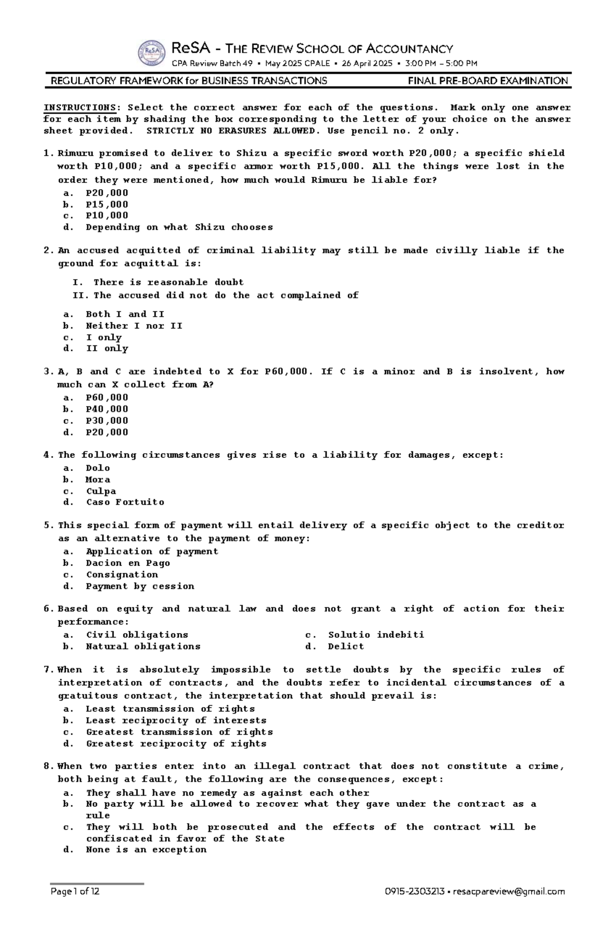 ReSA B49 RFBT Final Exam Review Questions & Answers for CPALE 2025 ...
