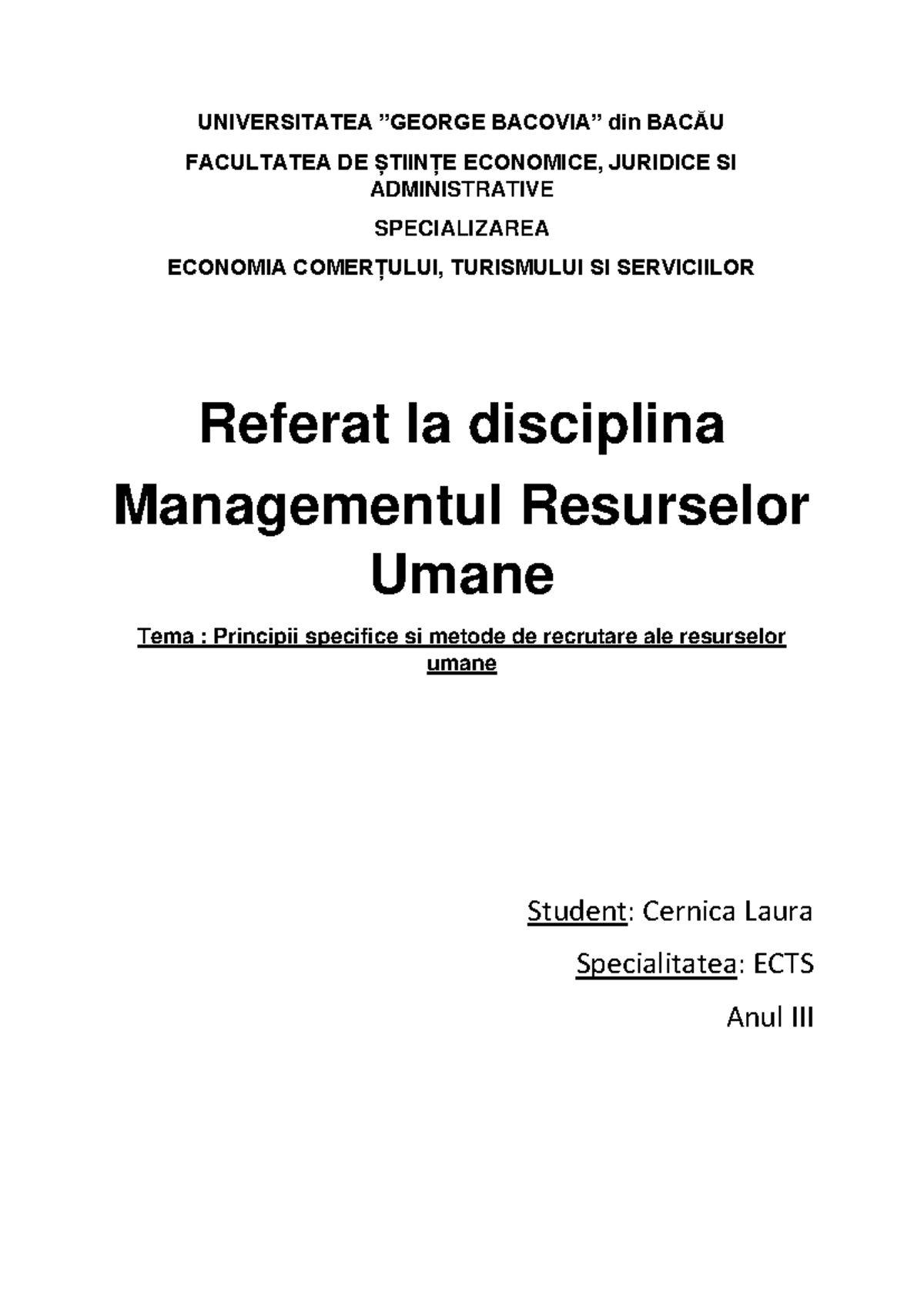 Referat Managmentul Resurselor Umane Cernic Laura - UNIVERSITATEA ...