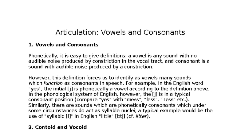 Articulation: Vowels and Consonants - Phonetic Distinctions - Studocu