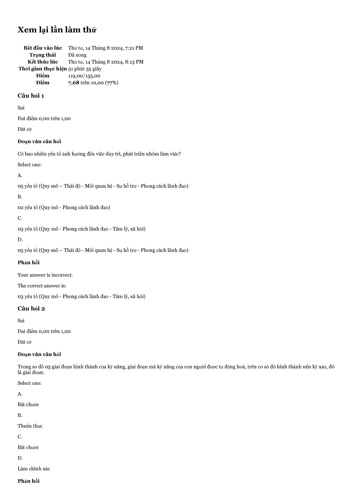 155 câu trắc nghiệm - knlv - Xem lại lần làm thử Bắt đầu vào lúc Thứ tư, 14 Tháng 8 2024, 7:21 ...