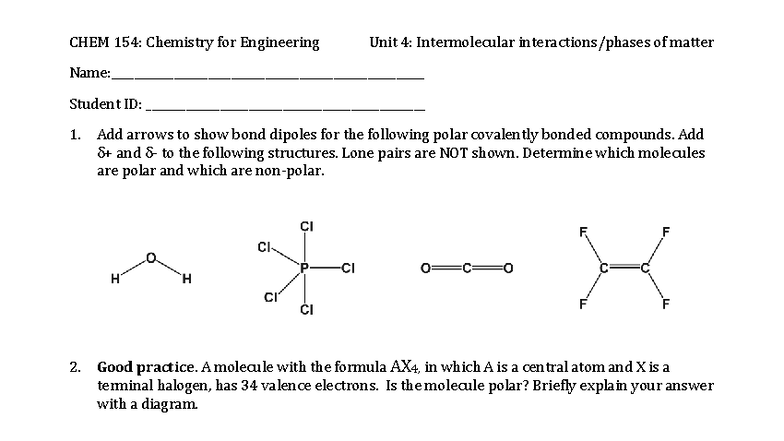 CHEM 154: Unit 4 Intermolecular Forces & Molecular Polarity Notes - Studocu