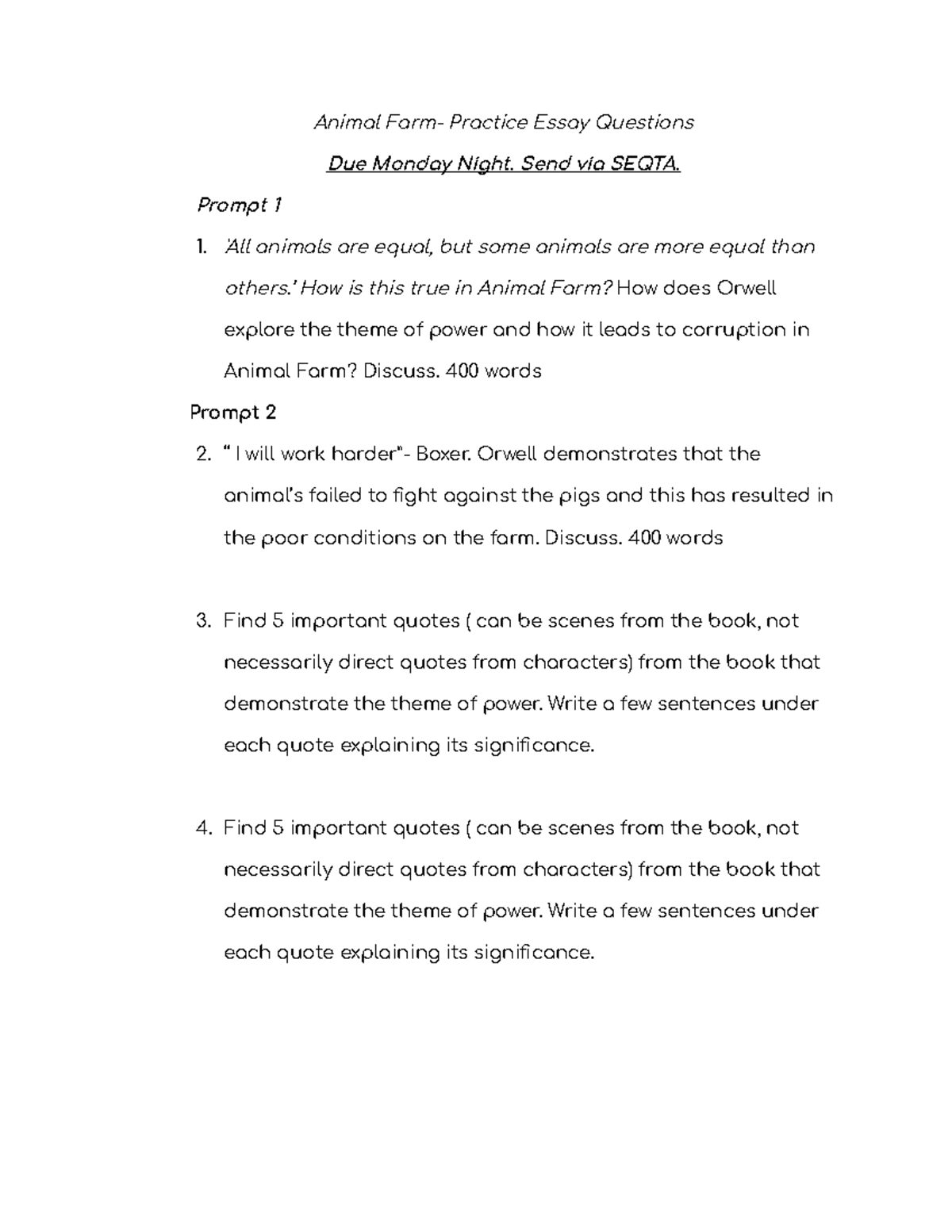 Animal Farm Essay Topics - Animal Farm- Practice Essay Questions Due ...