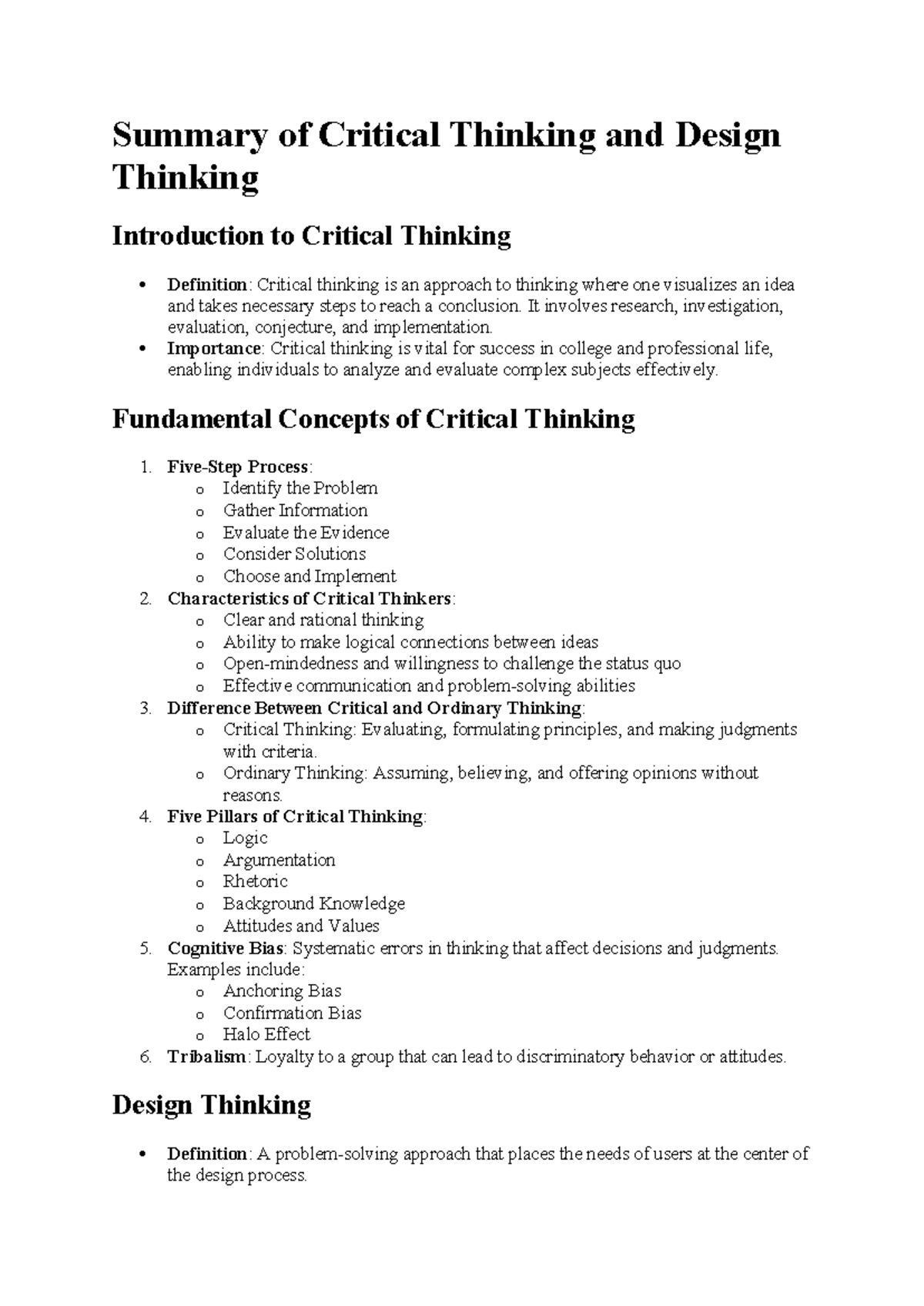 Summary of DT UNIT 4 - Best - Summary of Critical Thinking and Design ...