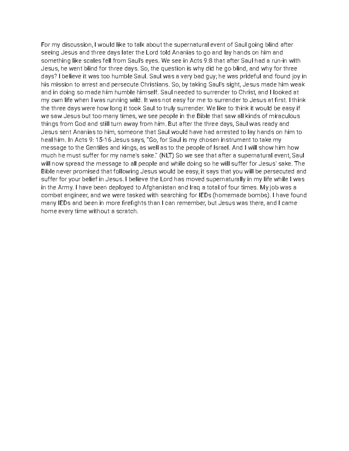 DB Bibl 364 - Discussion Board Assignment: Saul's Blindness and ...