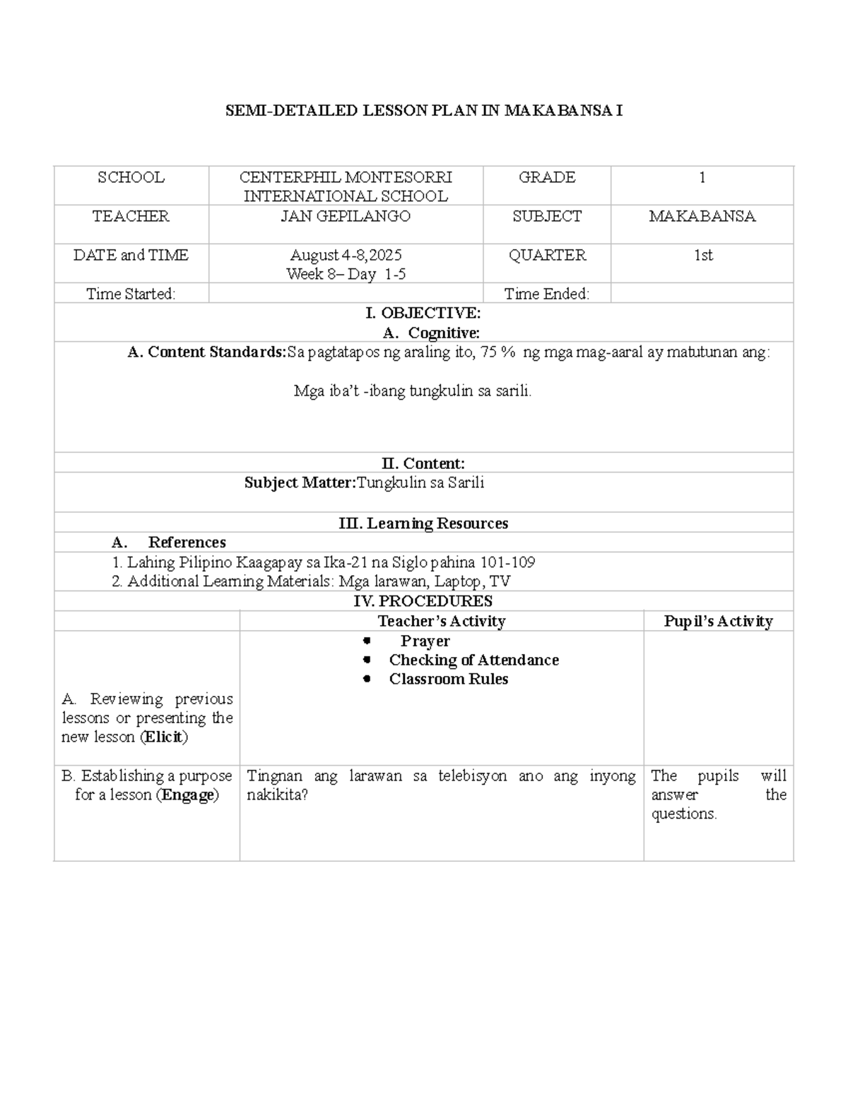WEEK 8 LESSON PLAN FOR MAKABANSA I - GRADE 1 - Studocu